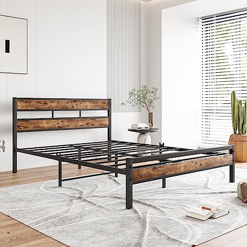 HOJINLINERO Queen Bed Frame with Wood Headboard,Platform Bed Frame Queen Size No Box Spring Needed,Heavy Duty Steel Slats, More Sturdy, Noise-Free,Easy Assembly/Rustic Brown