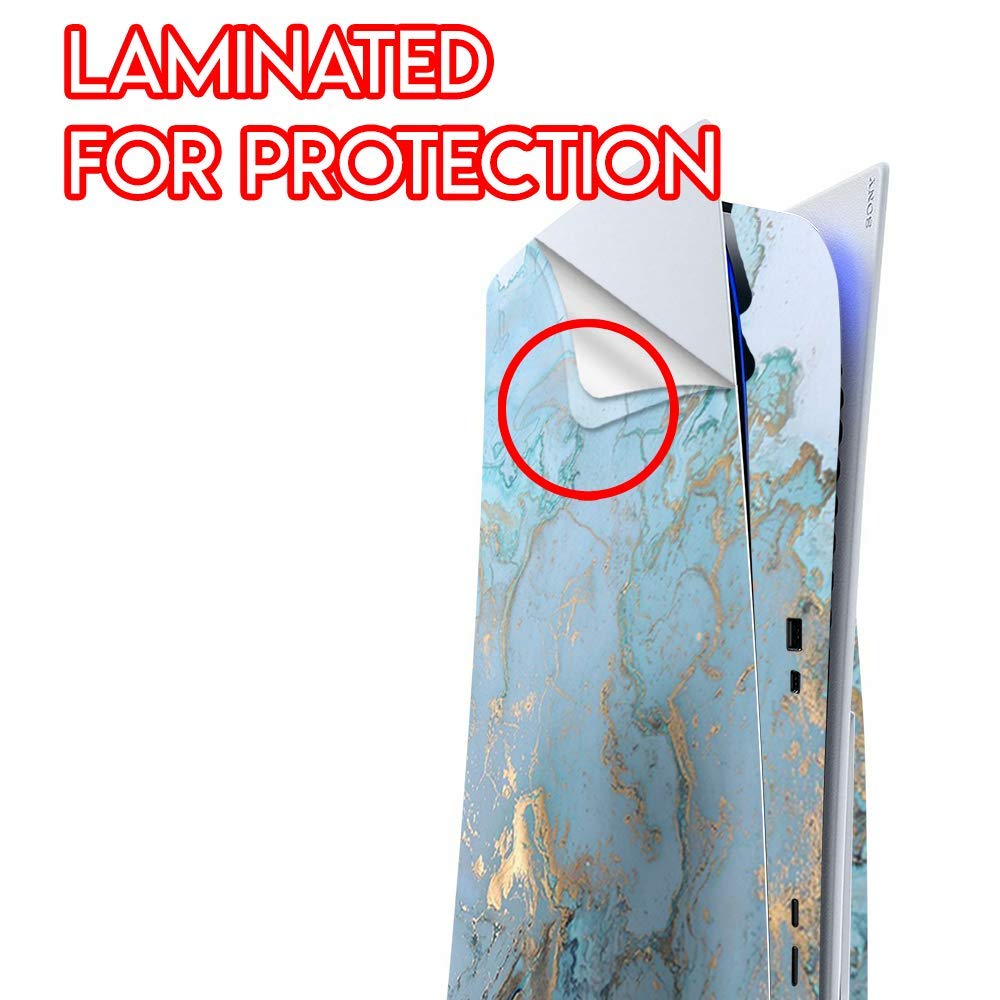 ITS A Skin Skins Compatible with Sony Playstation 5 Console Disc Edition - Protective Decal Overlay Stickers wrap Cover - Teal Blue Gold White Marble Granite