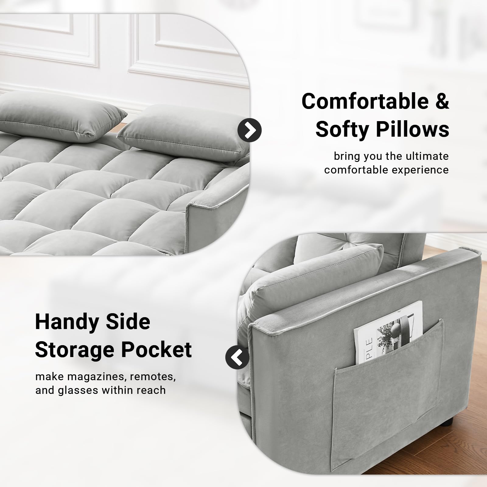 Skepphlay 3 in 1 Convertible Sofa Bed, Pull Out Couch with 3-Level Adjustable Backrest, Sleeper Loveseat Recliner with Storage and Pillows, Velvet Chaise Lounge for Living Room, Grey