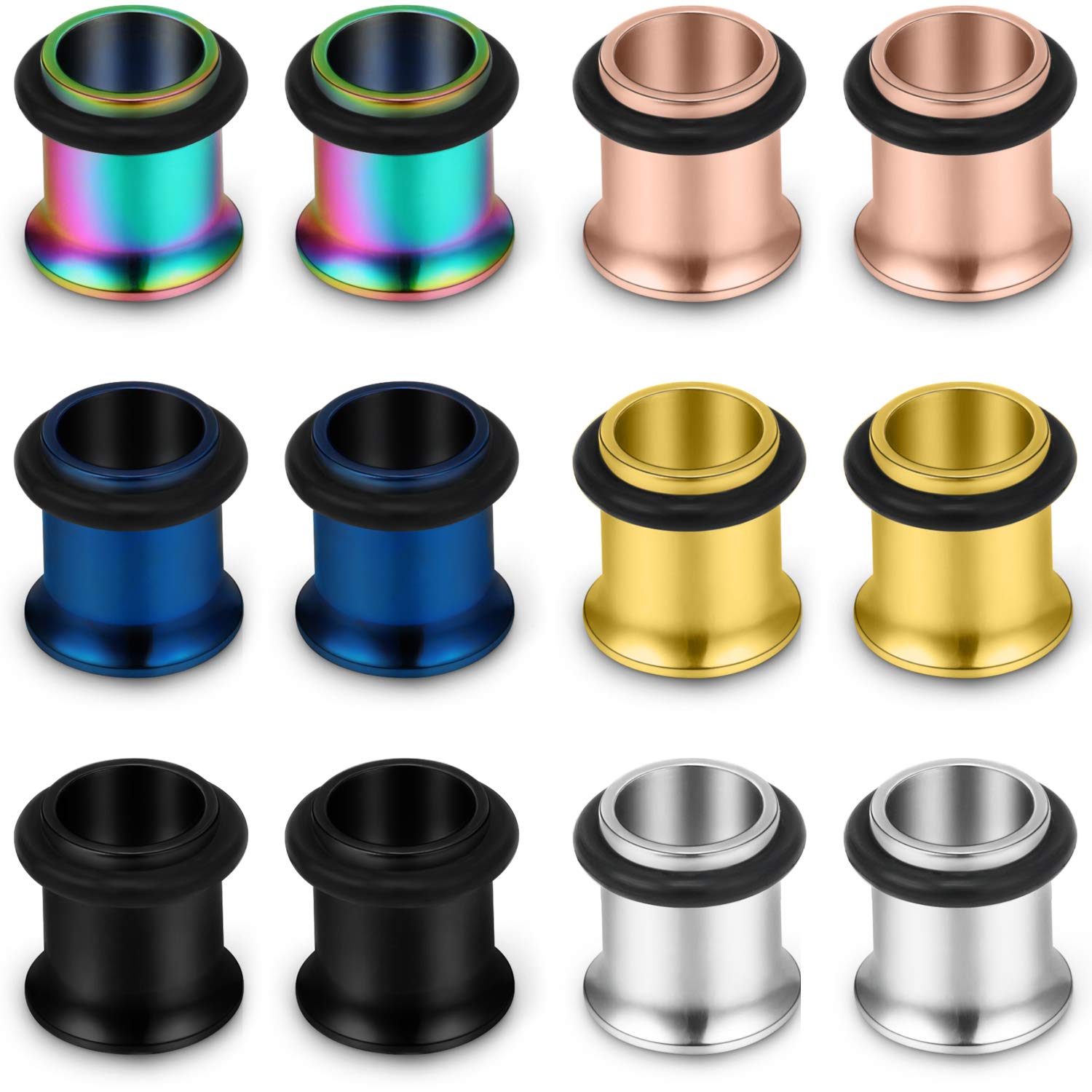 Hoeudjo 12PCS Gauge Tunnel Kit 0G Surgical Steel Ear Gauges Earrings Plugs Stretching Set Single Flared Expanders for Women Men Girls Silver-Tone Black Rose Gold 8mm 5/16 Inch
