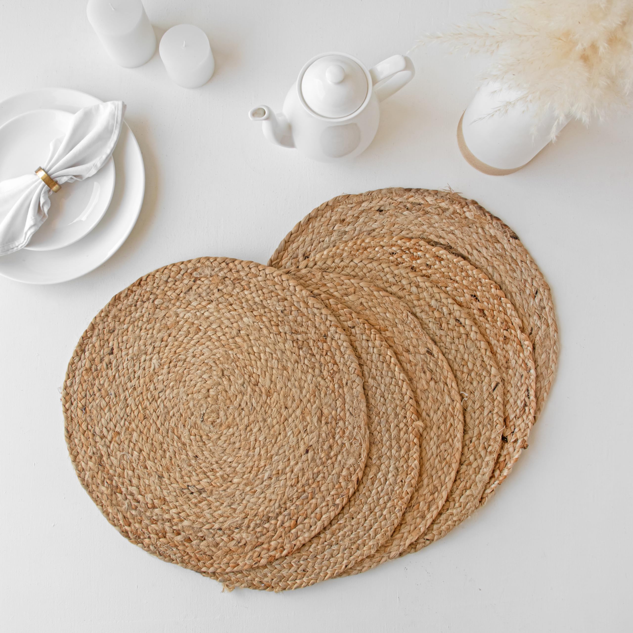 HOMEMONDE Jute Round Placemats Set of 6-15 Inch Woven Natural Hand Braided Wicker Tablemats - Farmhouse Boho Rustic Vintage - for Table Decoration & Dining Table