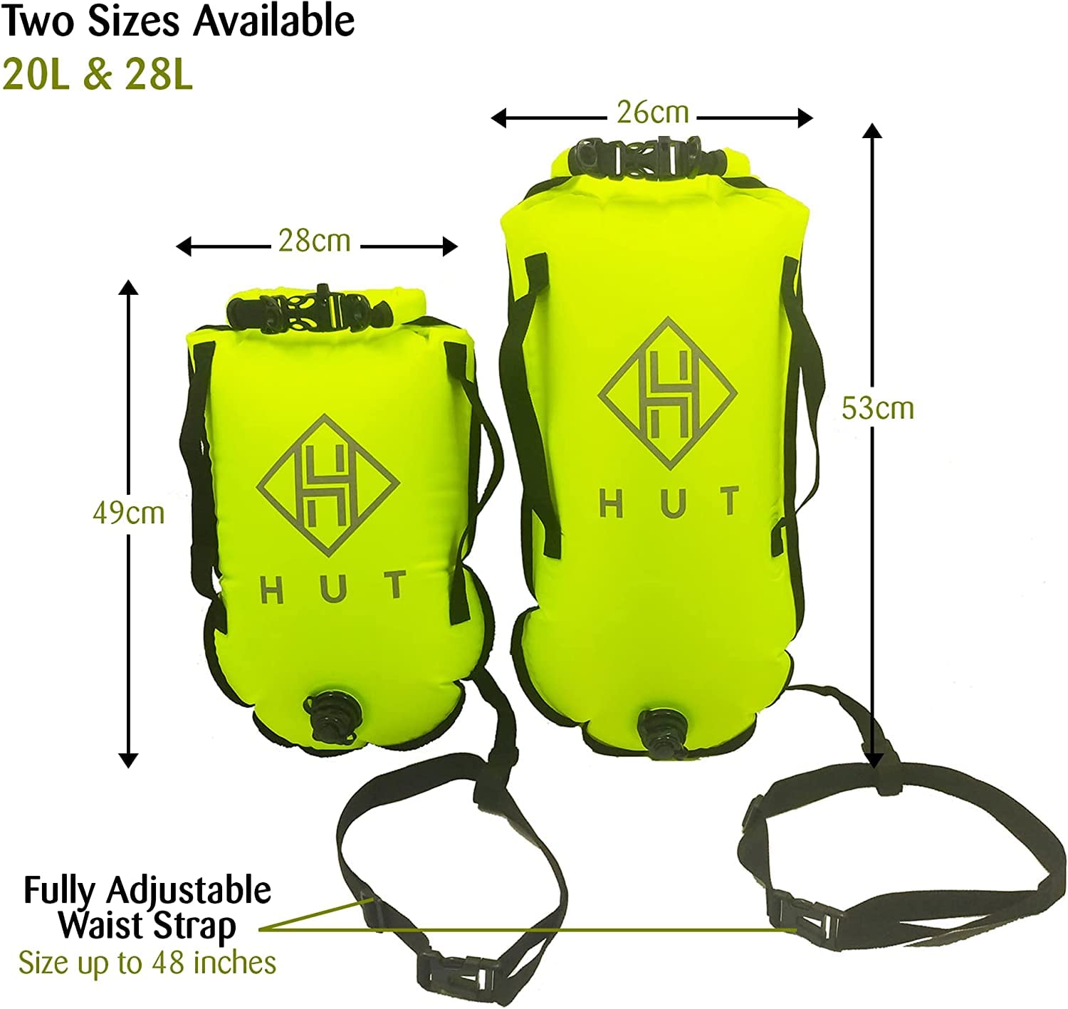 HUT Swim Buoy Dry Bag - Premium Tow Float and Watertight Dry Bag for Open Water Swimmers, Triathletes. High Visibility Safety Swim Buoy, Two air Chambers - be seen be Safe (20L)