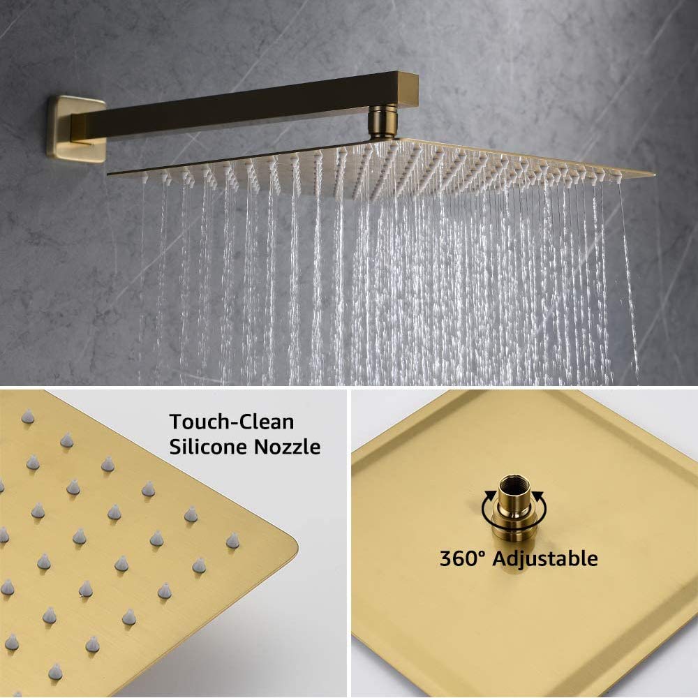 Iriber Single Function Shower Trim Kit with Rough-in Valve, Bathroom Gold Brushed Shower System Faucet Set with 12 Inch Rainfall Square Stainless Steel Metal Showerhead, Champagne Bronze