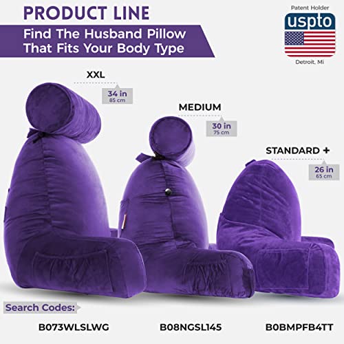 Husband Pillow Combo - Backrest Pillow with Arms : XXL Purple & Lap Desk Bed Tray : Grey - Memory Foam Reading Pillows for Bed w/Removable Neck Roll & Laptop Bed Tray Table