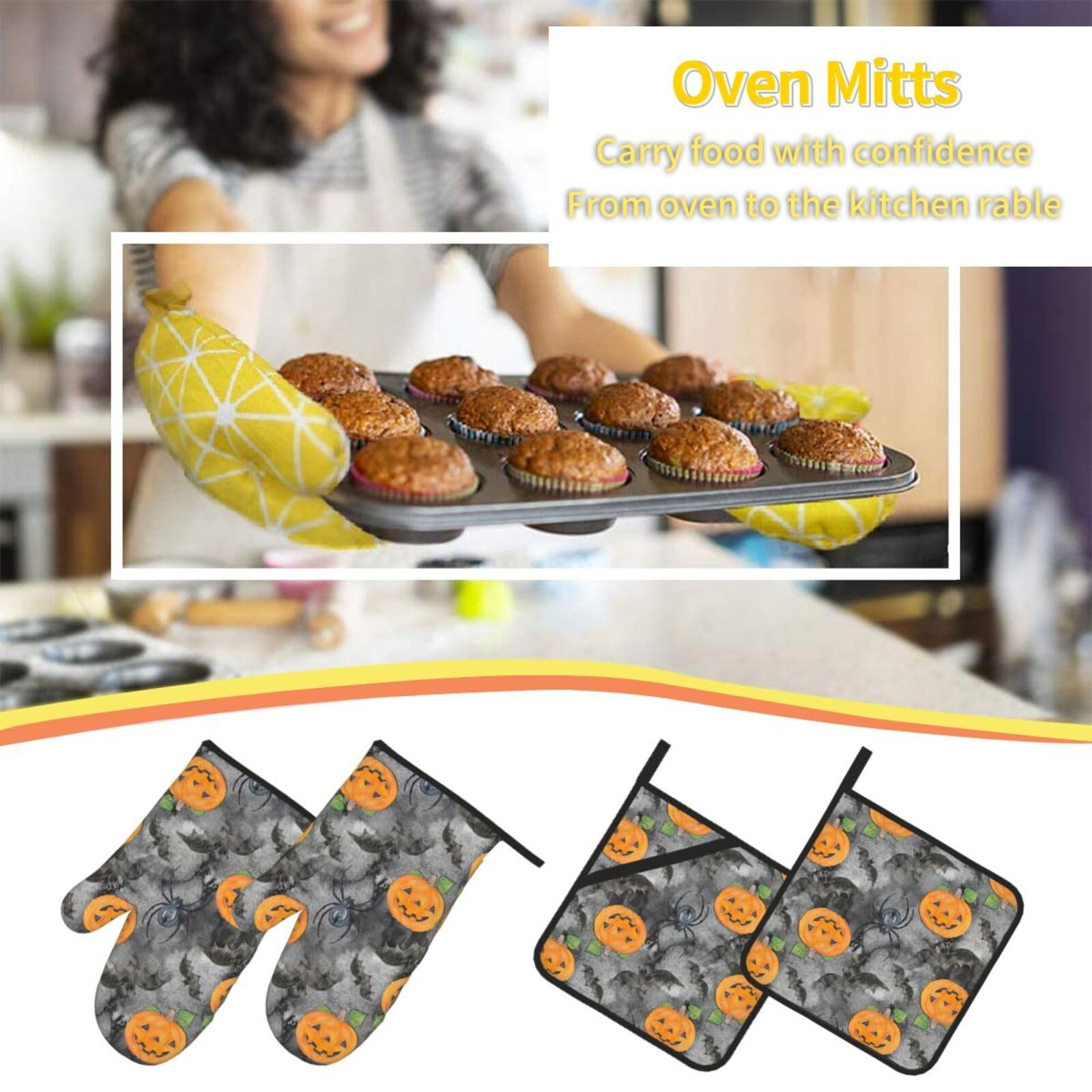 Halloween Grey Bat Spider Pumpkin Kitchen Baking 4-Piece Set–Heat Resistant Oven Mitts and Pot Holders Kitchen Hot Pads