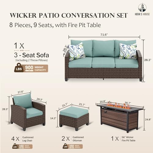 HERA'S HOUSE Patio Furniture Sets, Outdoor Wicker Furniture Set with 56" Fire Pit Table, 8 Pieces Sectional Conversation Sofa Set with Ottomans for Garden Poolside Backyard, Brown Rattan Blue Cushions