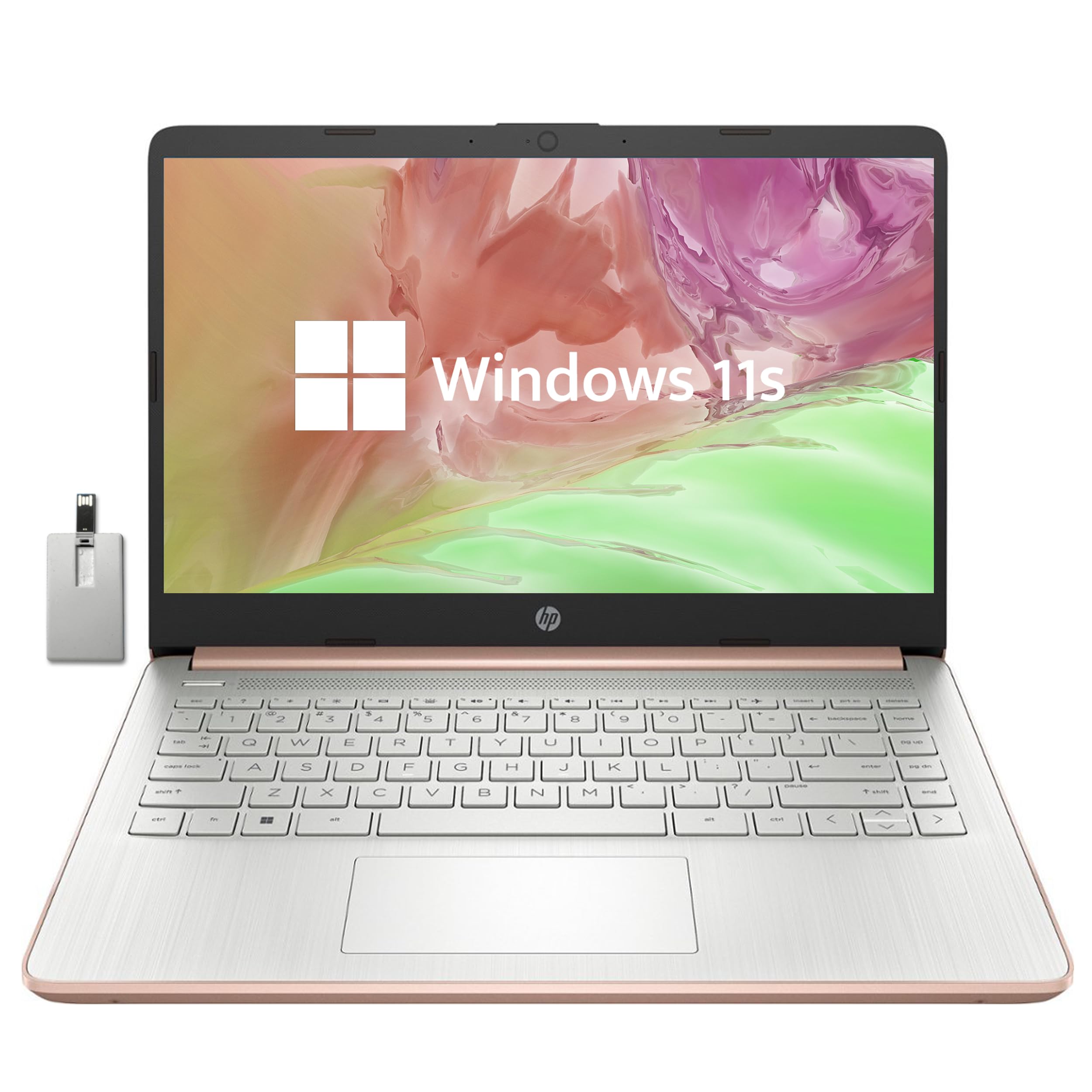 HP 2021 Stream 14" HD Laptop Computer, Intel Celeron N4020 Processor, 4GB RAM, 64GB eMMC, HD Audio, HD Webcam, Intel UHD Graphics 600, 1 Year Office, HDMI, Win 10 S, Rose Gold, 32GB SnowBell USB Card