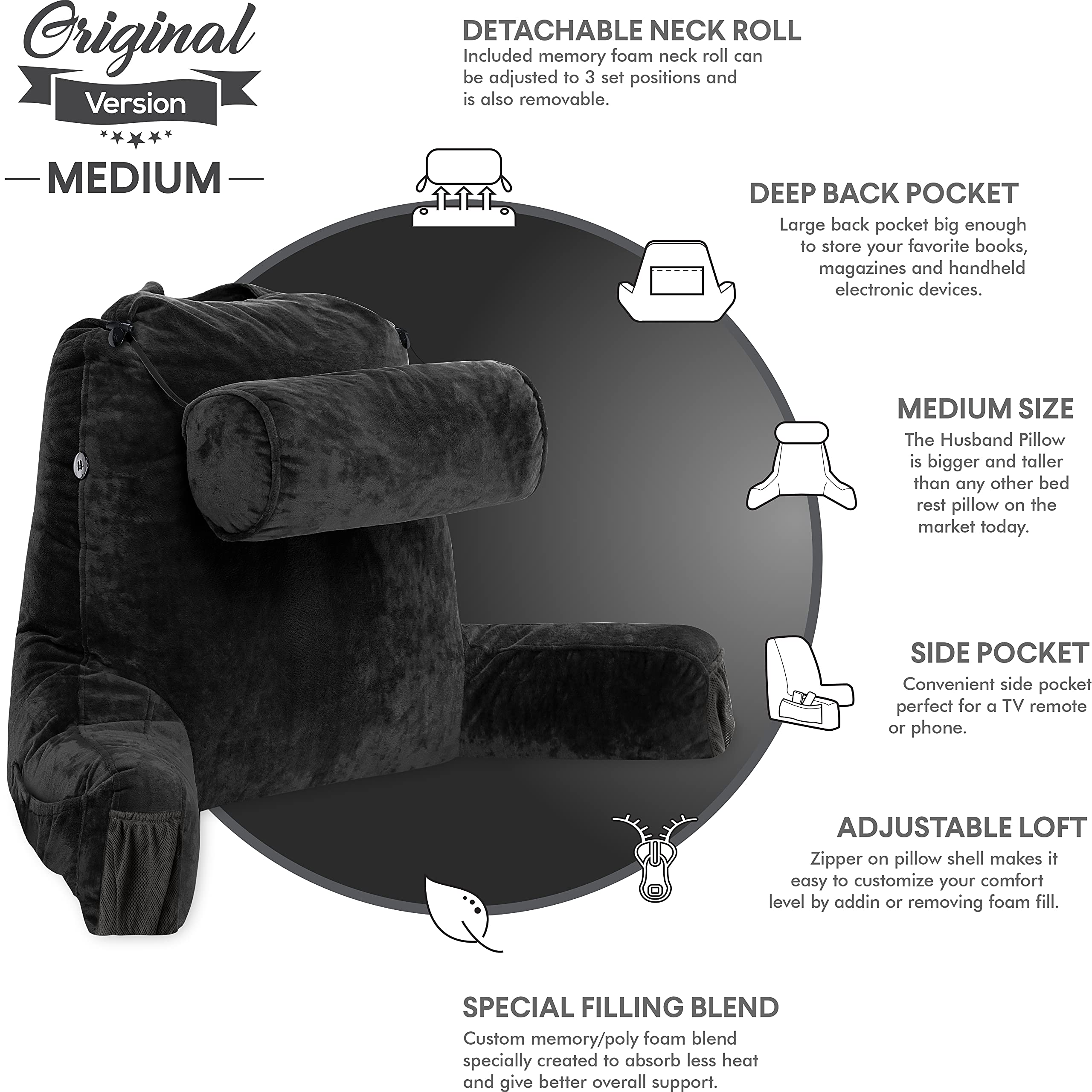 Husband Pillow Combo - Backrest Pillow with Arms : Medium Black & Lap Desk Bed Tray : Black - Memory Foam Reading Pillows for Bed w/Removable Neck Roll & Laptop Bed Tray Table