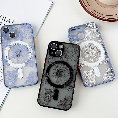 Skyseaco for iPhone 13 Mini Case Compatible with MagSafe for Black Frosted PC Back Protector Flower Shockproof Black Floral Blooms Design Protective Women Girls Phone Case - Flower Blooms/Black