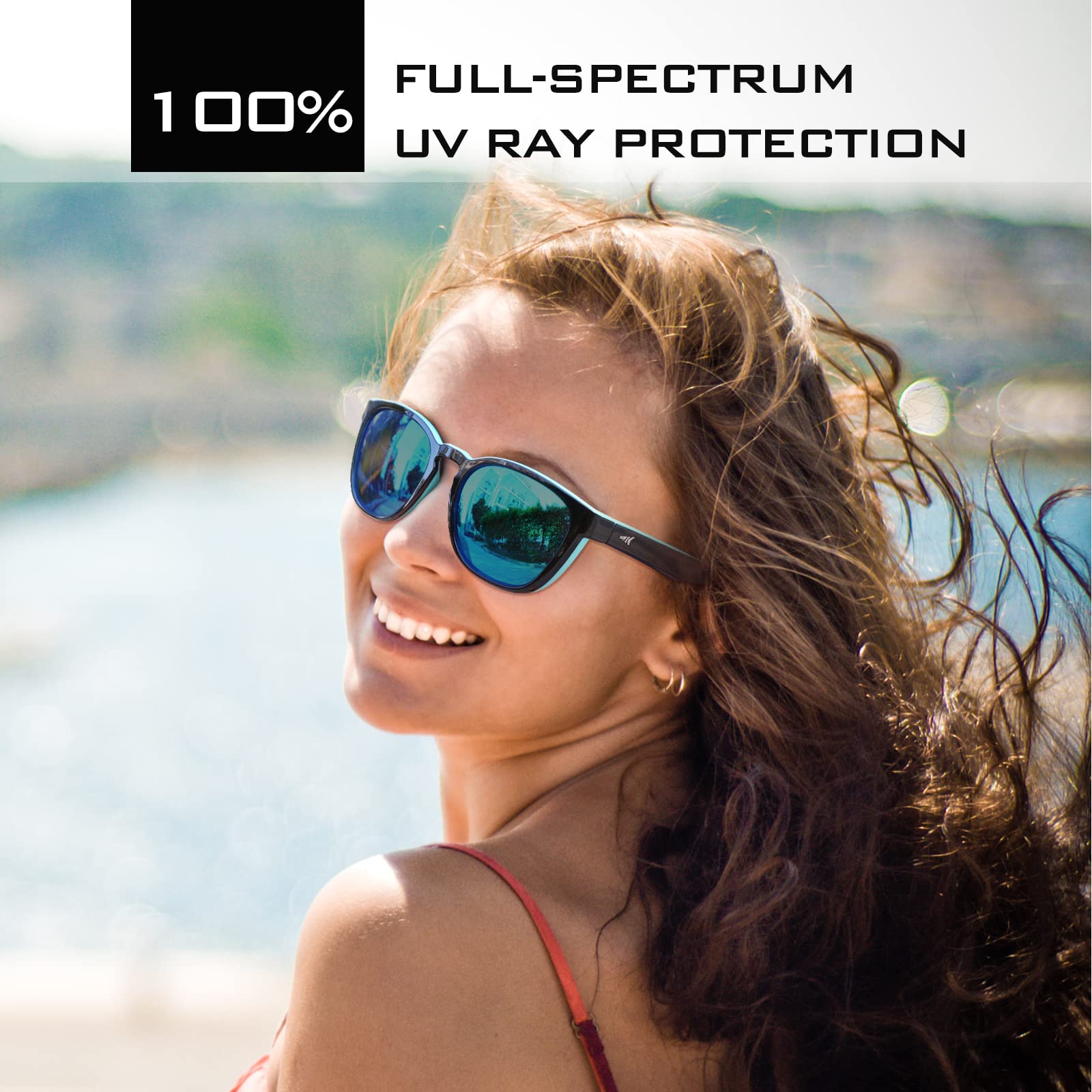 KastKing Tazlina Polarized Sport Sunglasses for Men and Women, Gloss Black Sky blue Frame, Smoke - Blue Ocean Mirror