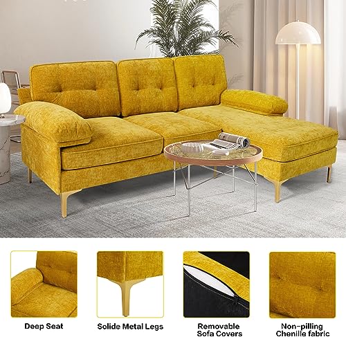 TEKAMON Yellow Sectional Sofa Couch for Living Room, Samll couches for Small Spaces, Chenille Fabric L- Shaped Sofa, Modern Loveseat Sofa with Chaise, Removable Covers,Convertible/Reversible Couch