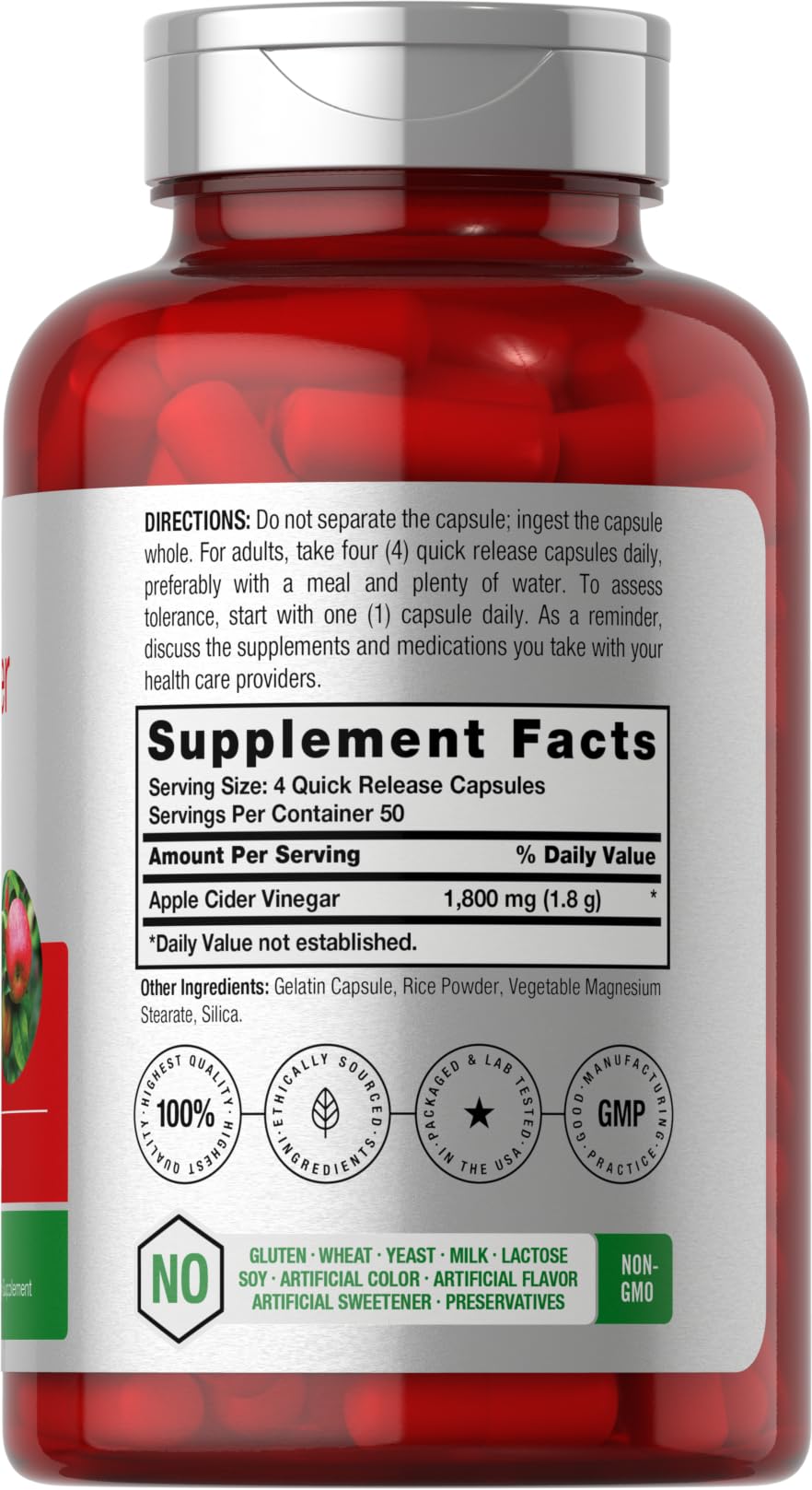 Horbäach Apple Cider Vinegar Capsules | 1800mg | 200 Pills | Non-GMO, Gluten Free Supplement