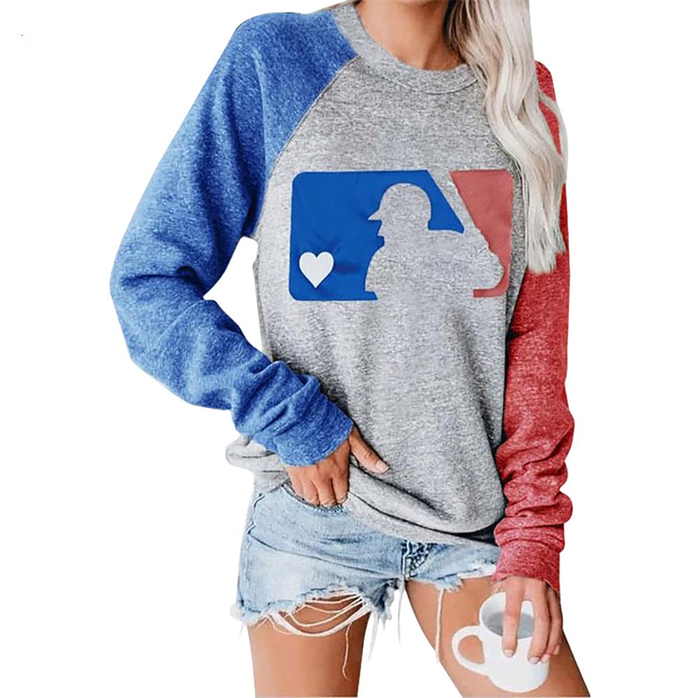 Janepam Womens Tops Shirt Sweatshirt Plus Size Playing Baseball Heart Color Block Xmas Christmas Pattern Graphic Print Loose Blouse(D Playing Gray,XL)