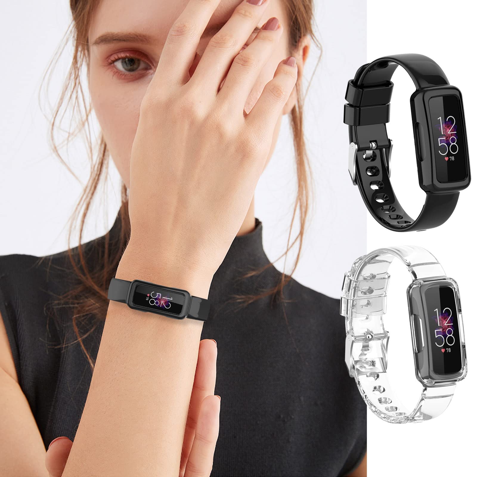 Kakurookie 2 Pack Compatible with Fitbit Luxe/Inspire/Inspire HR/Inspire 2/Ace 2/Ace 3 Bands with Case Shockproof Rugged Band Strap with Protective Bumper Case Men Women (Clear + Black)