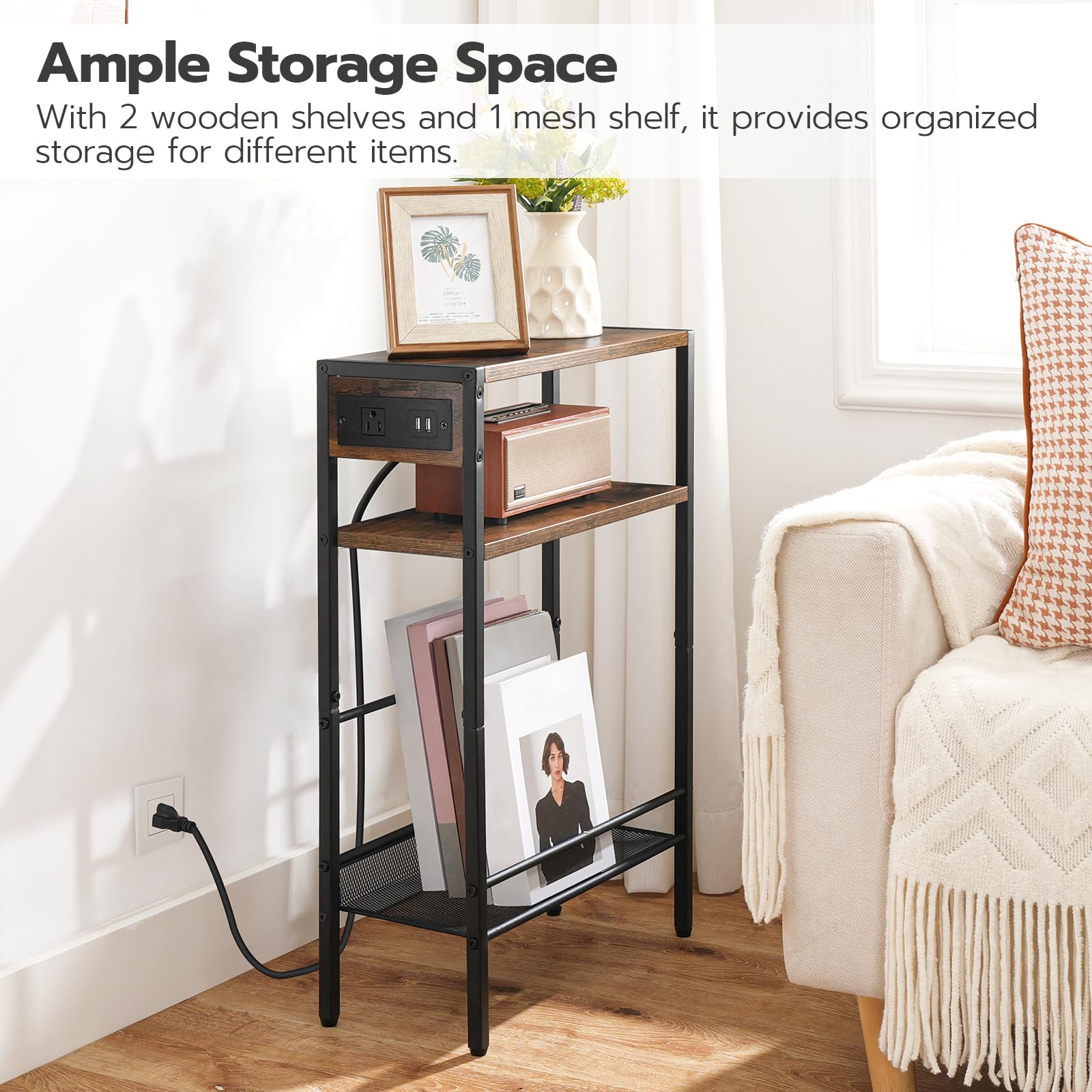 HOOBRO Small Narrow Side Table with Charging Station, Skinny End Table for Small Spaces, Slim Nightstand with USB Ports Outlet, Sofa Beside Table with Storage Shelf, Rustic Brown and Black BF102UBZ01