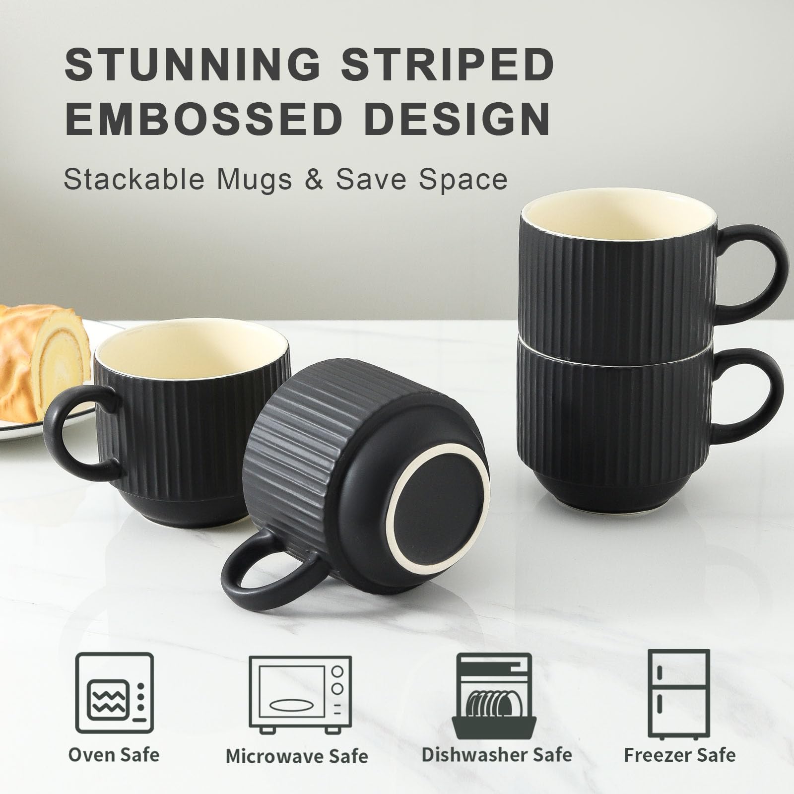 Hasense 15 OZ Stackable Coffee Mugs Set of 4 - Ceramic Embossed Coffee Cups Large Porcelain Restaurant Drinking Cups with Rack Perfect for Coffee, Tea, Cocoa, Milk and Latte, Green