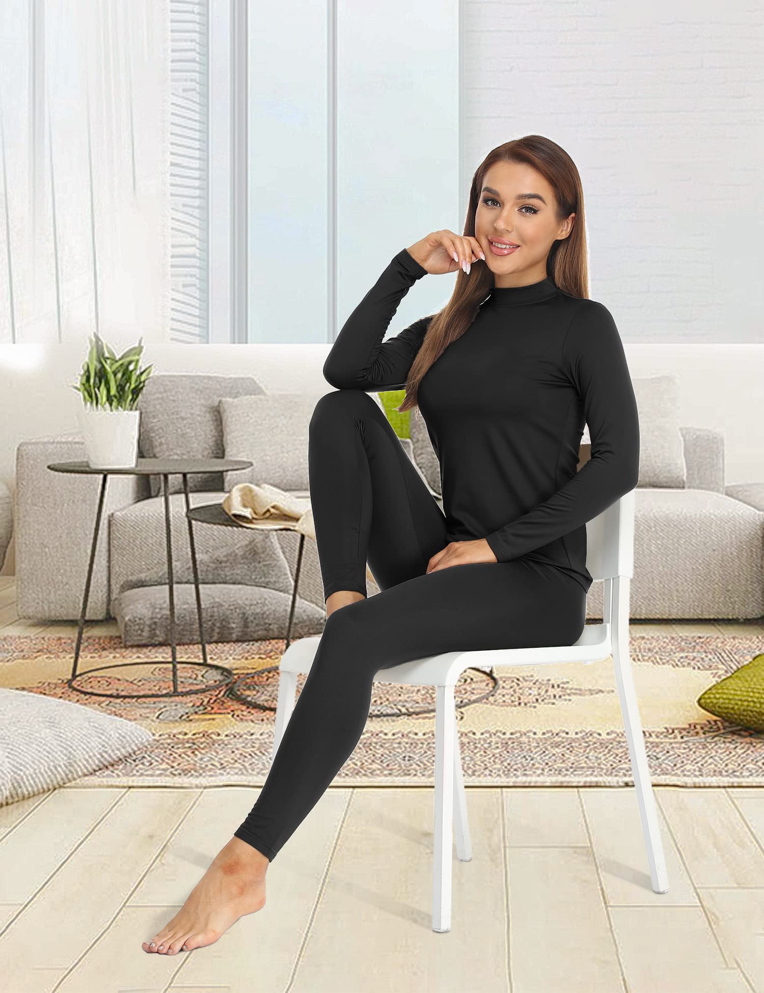 JOLLYBUYER Women's Mock Neck Thermal Underwear Winter Fleece Ultra-Soft Warm Base Layer Set Black