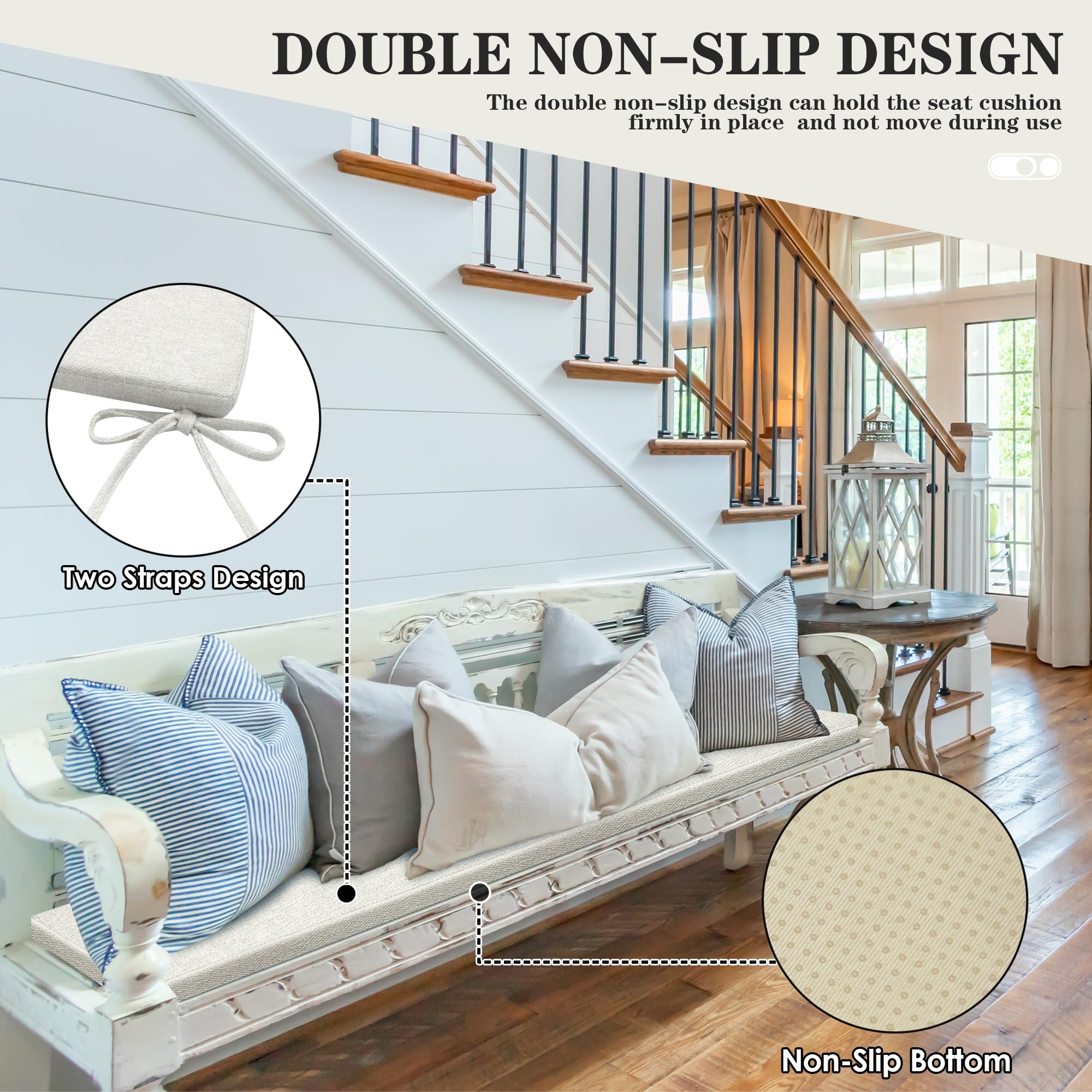 YOLOJSDI 36 Inch Classic Solid Indoor Bench Cushion, High-Density Foam Rectangle Bench Seat Cushion Pad with Non-Slip Bottom, Washable (Off White, 36x16x1.5in)