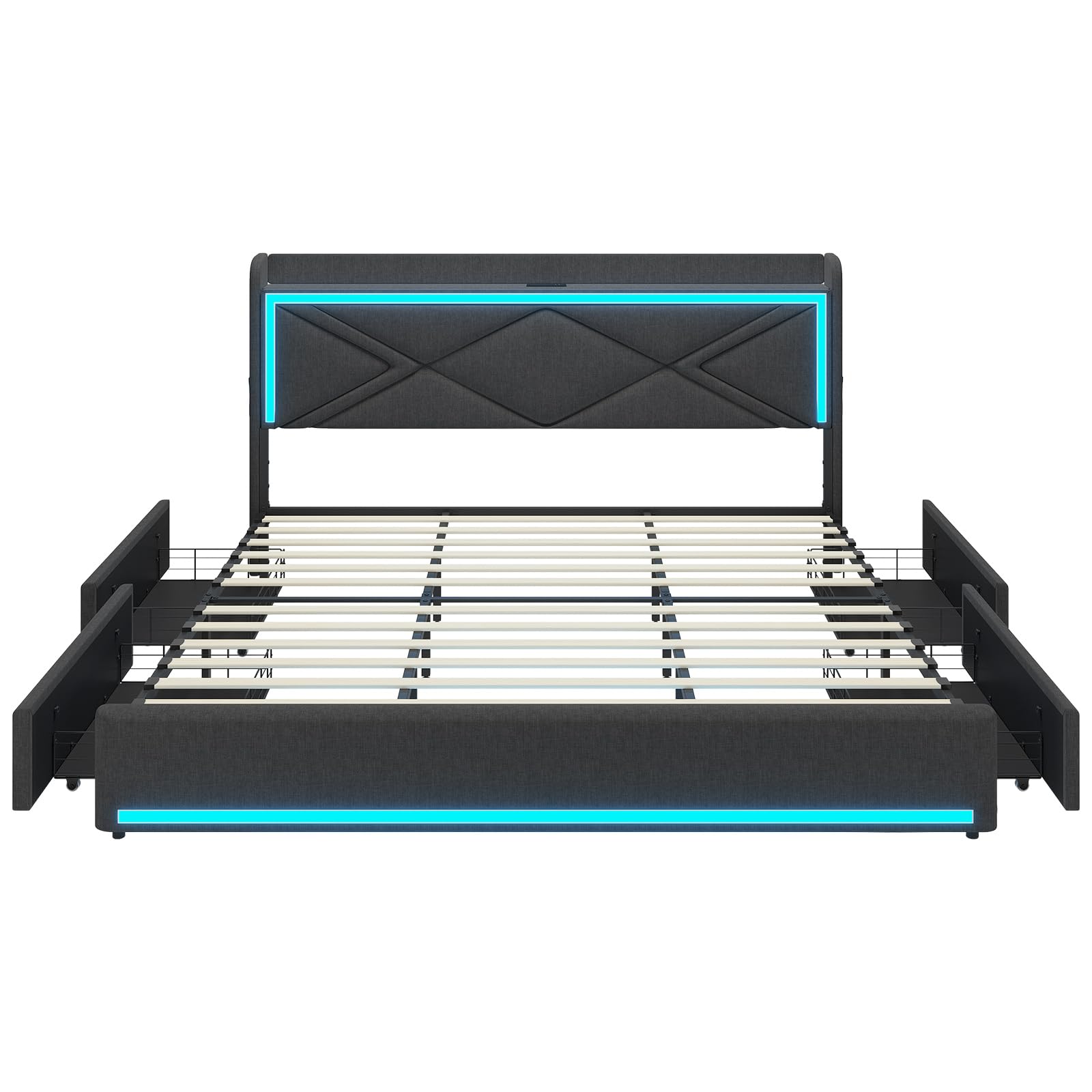 HAUOMS King Size LED Bed Frame with Storage Headboard and Charging Station, Upholstered King Platform Bed Frame with 4 Drawers, Upgraded 2-Row Support Bars, Noise Free, Dark Grey