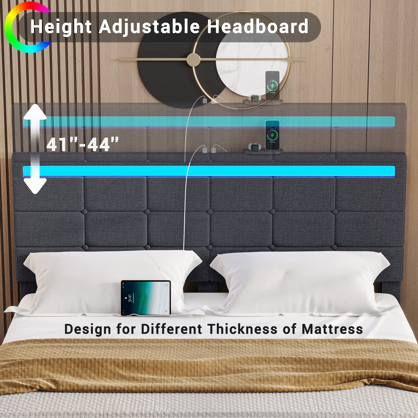 HAUOMS Queen Platform Bed with 4 Storage Drawers, Adjustable Headboard LED Lights, Dark Grey