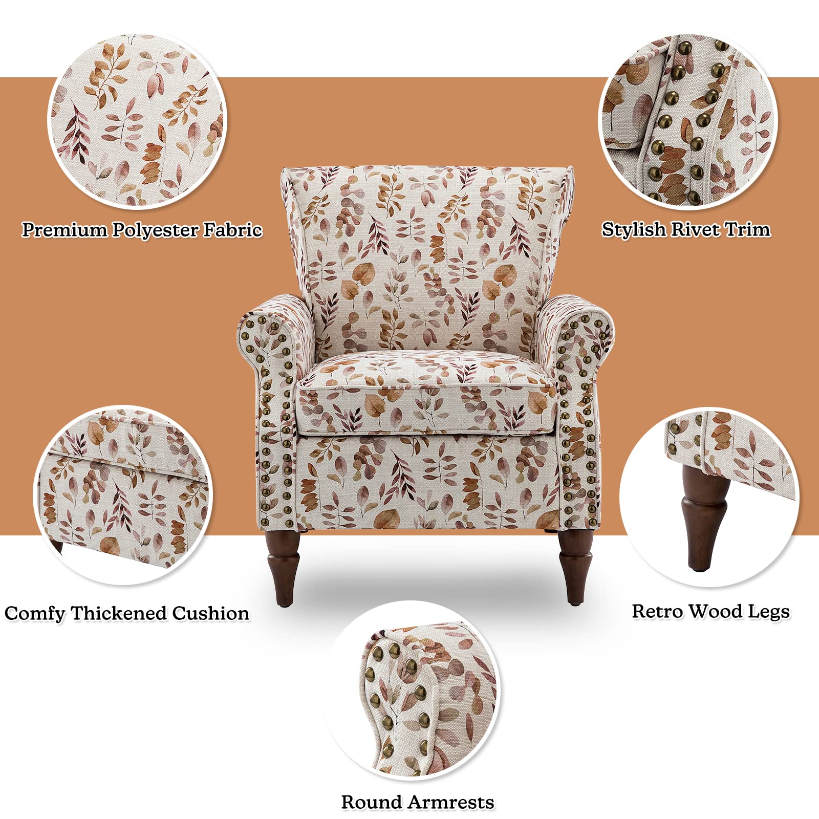 HULALA HOME Modern Wingback Accent Chair with Wood Legs & Removable Cushion, Comfy Upholstered Armchair with Nailhead Trim, Floral Pattern Single Sofa Chair for Living Room Bedroom, Yellow