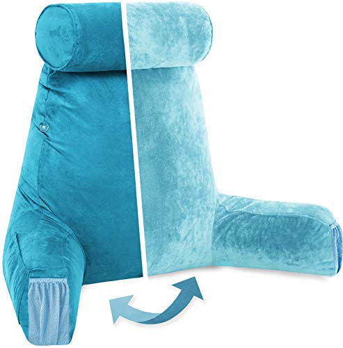 Husband Pillow Combo - Backrest Pillow with Arms : Medium Rodeo Blue & Lap Desk Bed Tray : XXL Grey - Aspen Memory Foam Reading Pillows for Bed w/Removable Neck Roll & Laptop Bed Tray Table