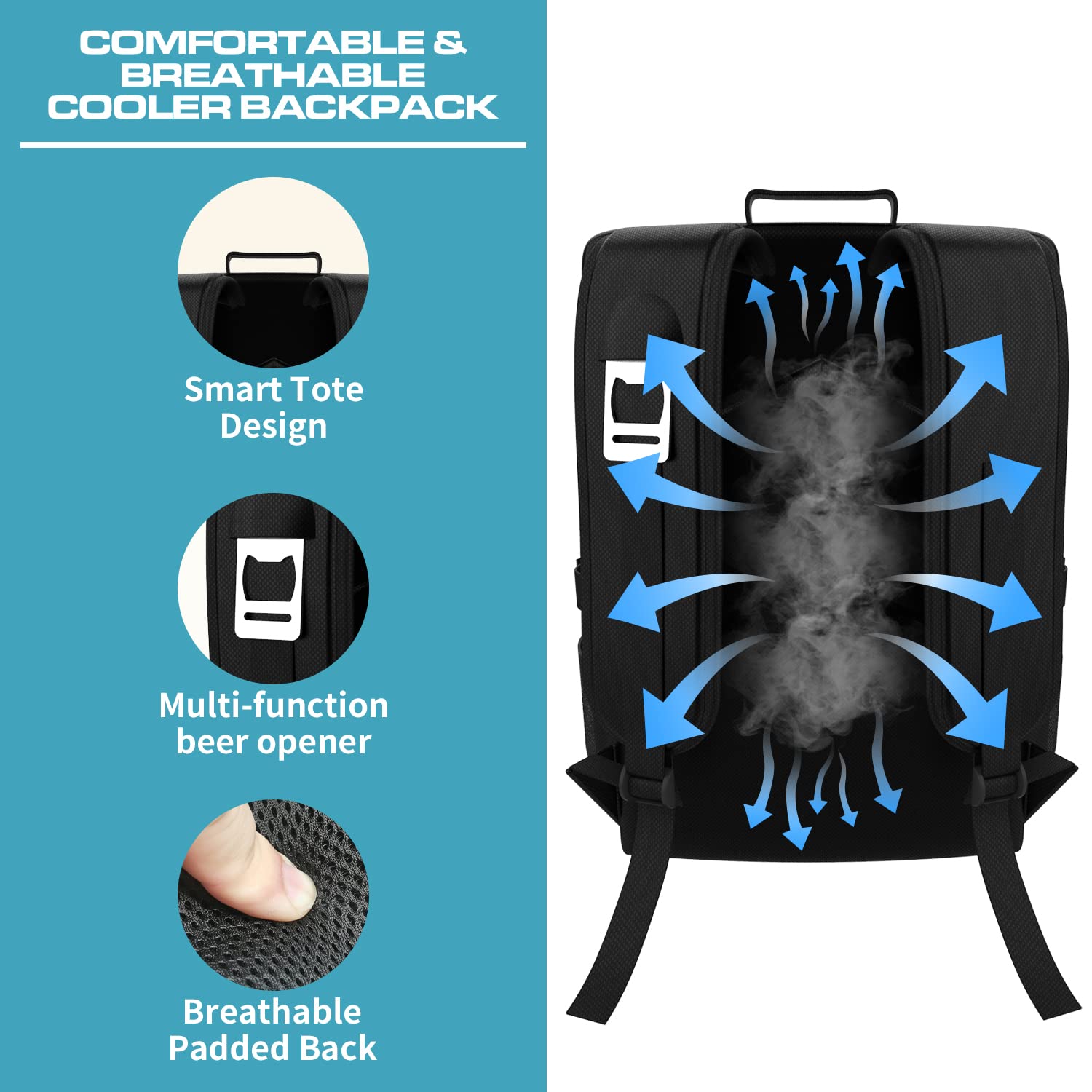 HOIHOO Large Capacity Insulated Beach Cooler Backpack, 330ml, Black, Nylon