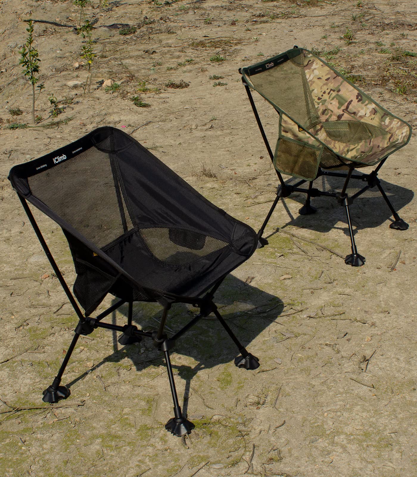 iClimb Ultralight Compact Camping Folding Beach Chair with Anti-Sinking Large Feet and Back Support Webbing (Black - Basic)