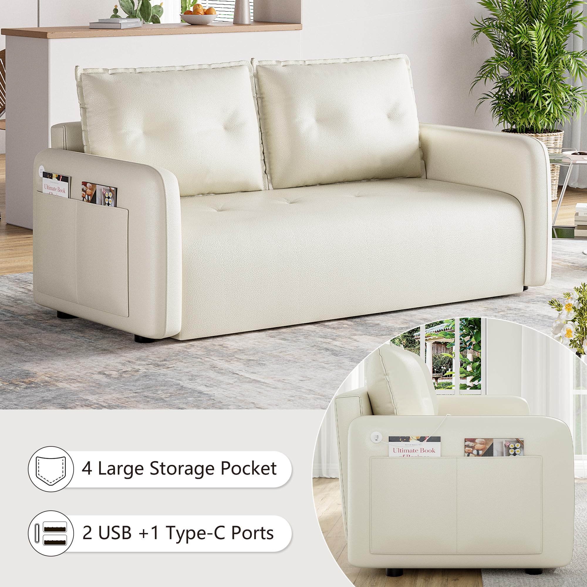 Sofa Bed Couch,3 in 1 sleeper sofa couch with pullout bed,Convertible sofa bed with 2 USB and 1 Type-C Charging Port,4 storage Pockets and 2 soft Pillows,Adjsutable Loveseat for Living Room,White