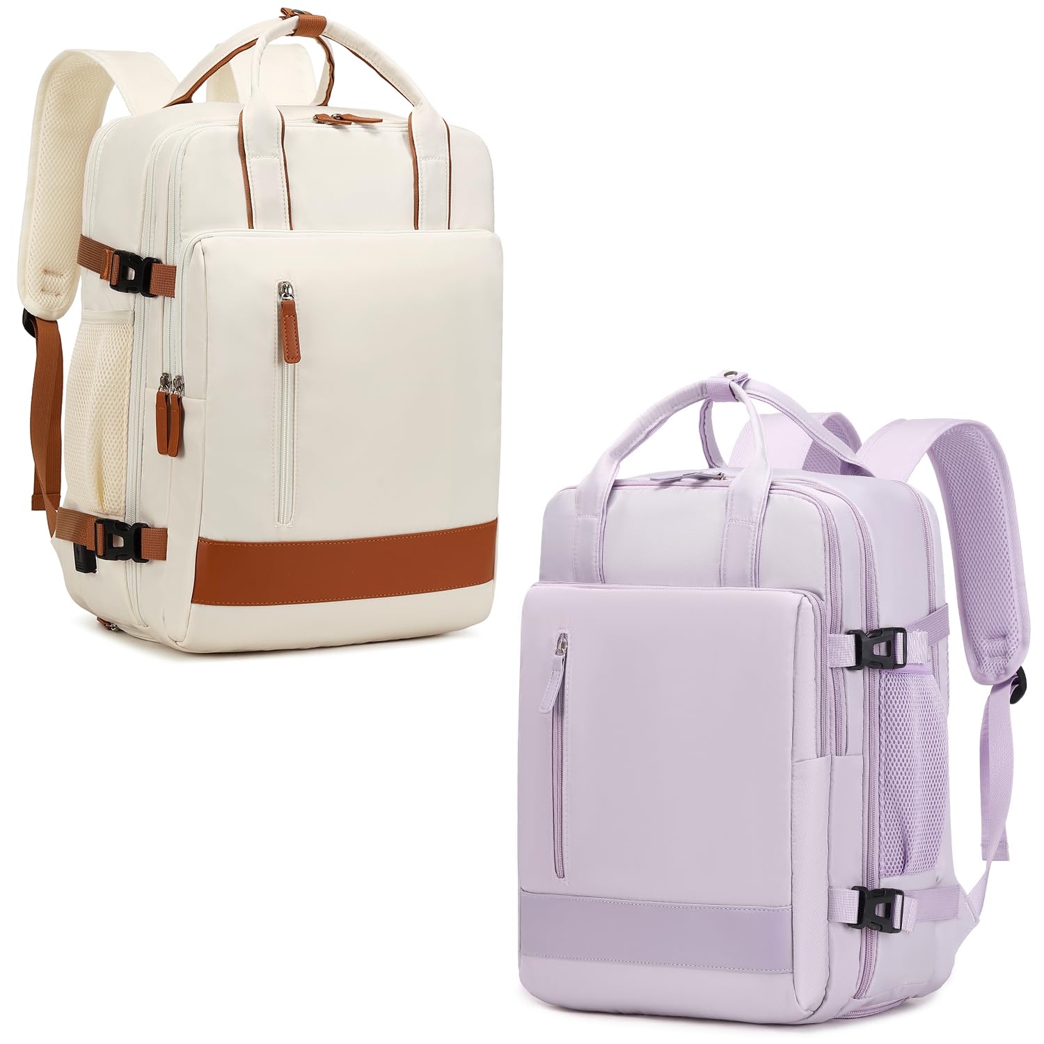 InduSKY Large Travel Backpack for Women, 40L Carry On Backpack Airline Flight Approved with USB Charging Port Shoes Compartment, Personal Luggage Backpack 15.6 Inch Laptop Backpack(Beige+Purple)
