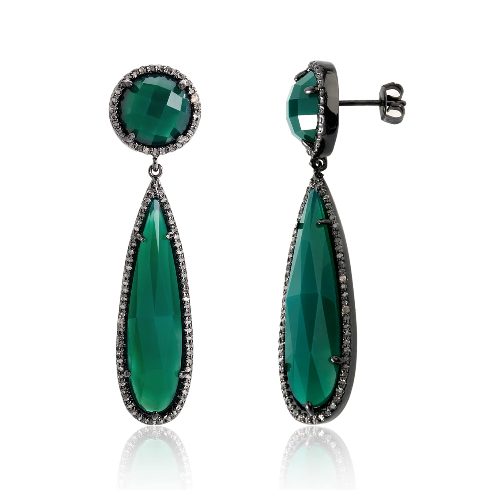 Jupiter Teardrop Green Agate Earrings,Black Ruthenium Plated Genuine Gemstone Waterdrop Earrings with Cubic Zirconia for Woman, Brass, green agate