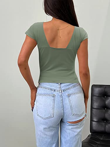 Trendy Queen Women's Sexy Deep V Neck Backless Tops Short Sleeve T-Shirts Trendy Crop Tops Y2K Summer Clothes Bustier Corset Cami 2023 Light Green