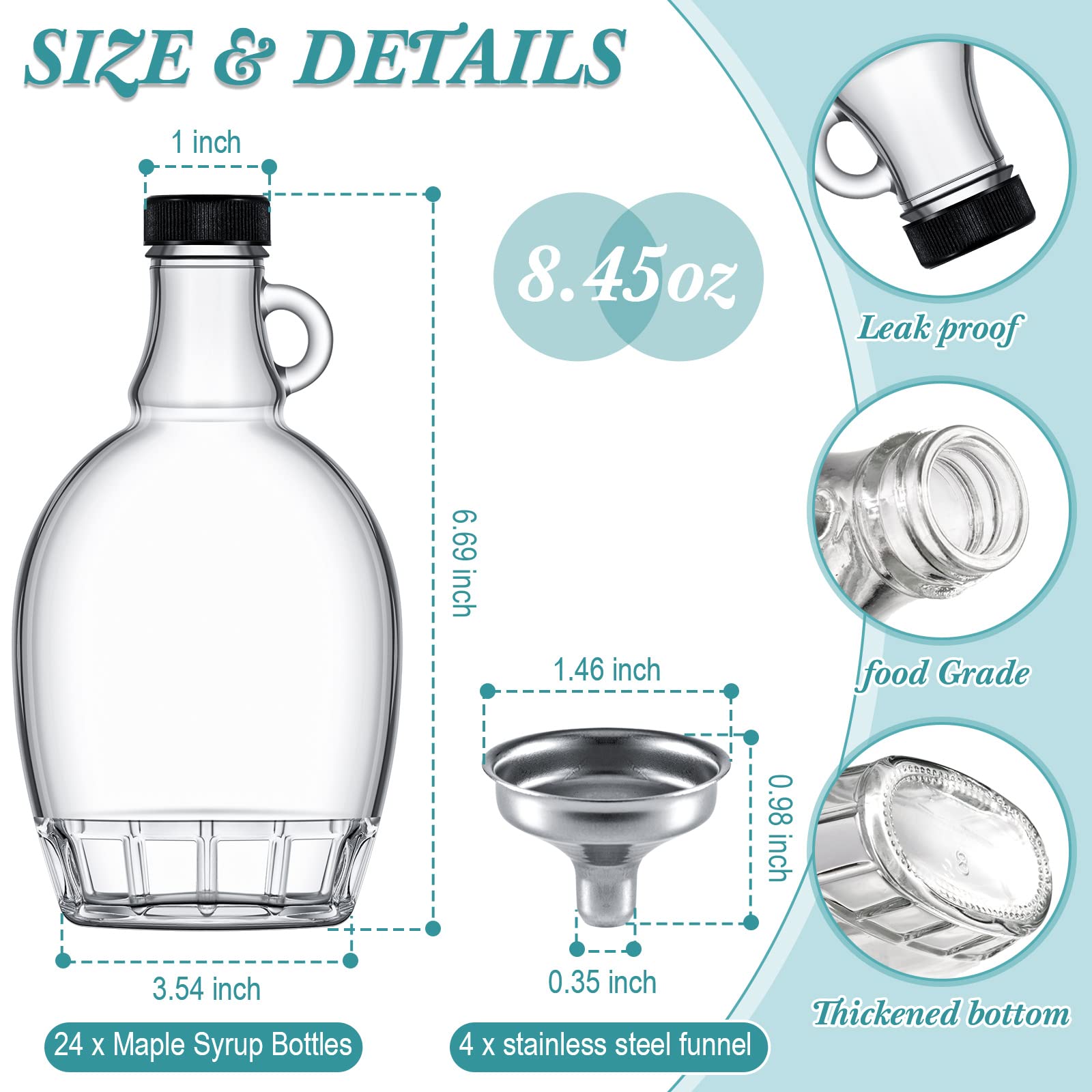 Hoolerry 24 Pack Glass Maple Syrup Bottles with 4 Stainless Steel Funnels, Clear Glass Bottle with Loop Handle Glass Containers for Liquids Maple Syrup Jars Maple Syrup Containers with Lids (12.68 OZ)