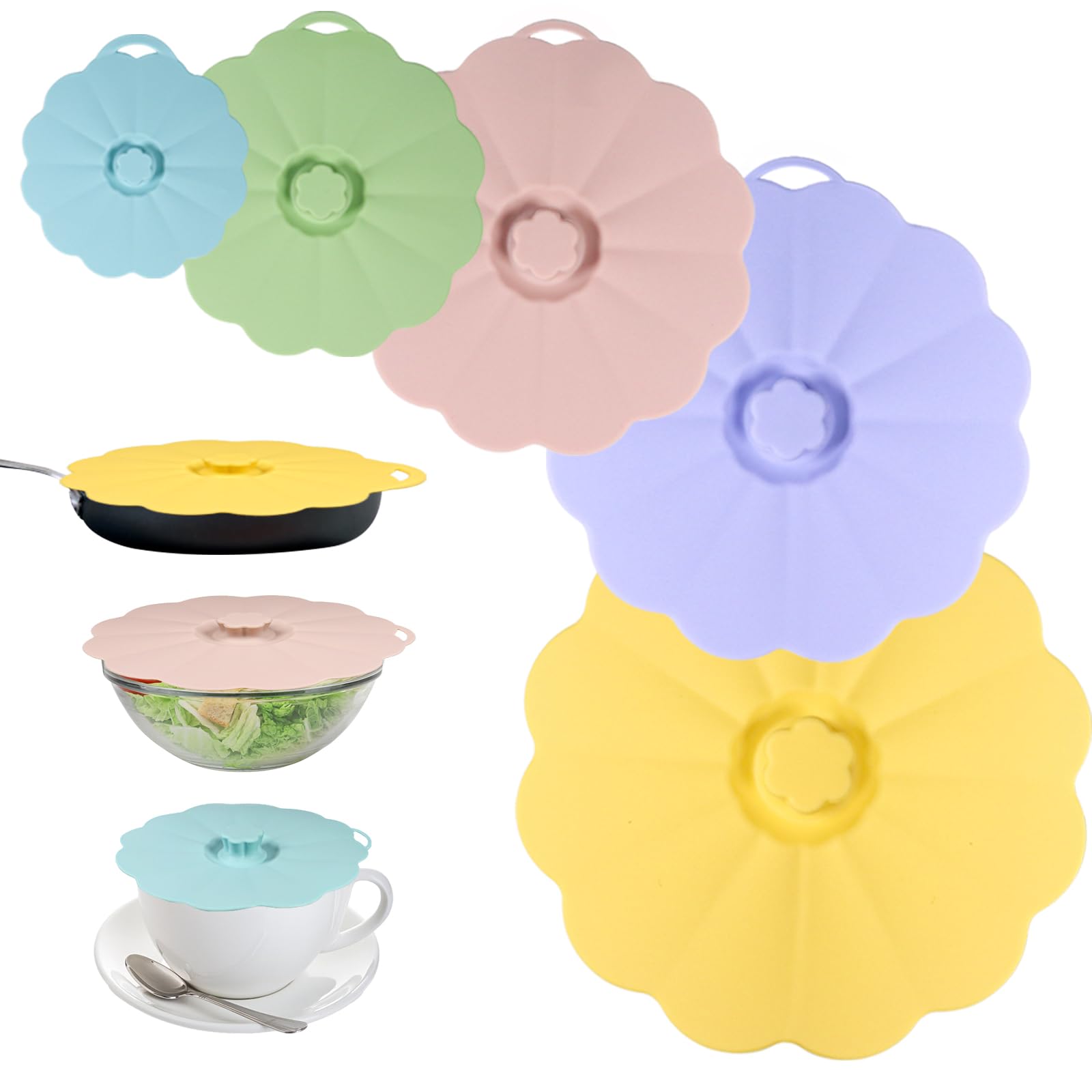 ZNWSRY 5 Pack Silicone Lids,Silicone Food Lids for Cups, Bowls, Plates, Pots, Pans.Silicone stretch lids and food covers
