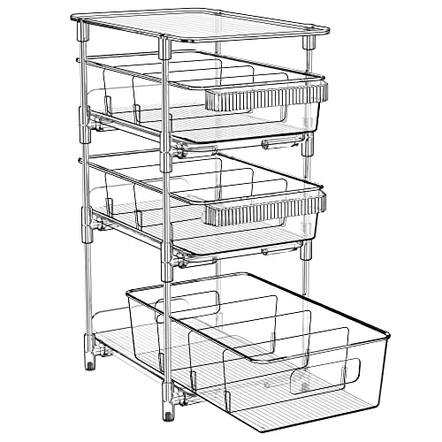 YOOMIDDA Bathroom Storage Organizer with Dividers, Multi-Purpose Kitchen Under Sink Organizers and Storage Slide-Out, Closet Organization, Kitchen Pantry Cabinet Medicine Bins (4 Tier)