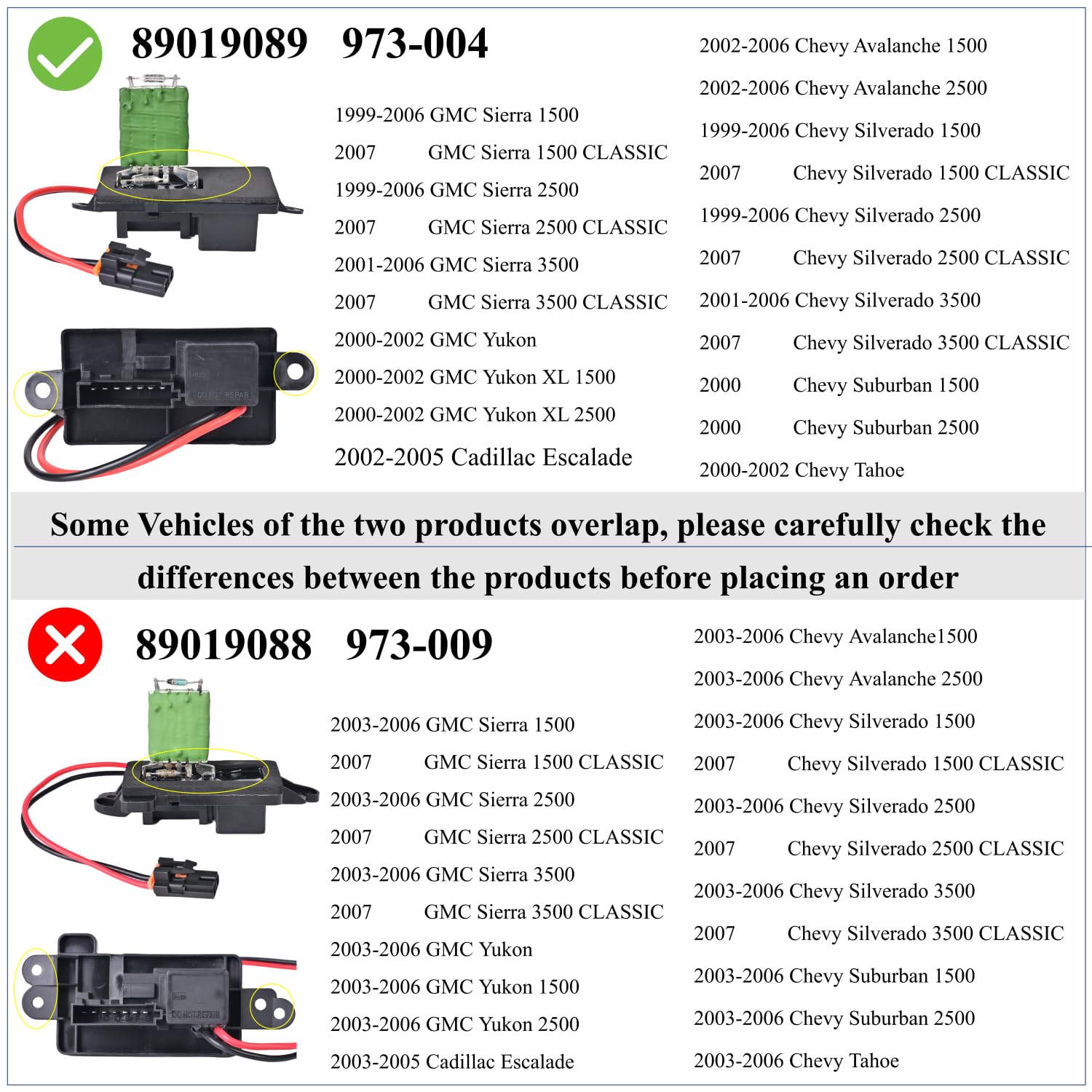 HVAC Blower Motor Resistor - Compatible with 1999-2006 Chevy Silverado GMC Sierra 1500 2500 3500 2000-2002 Yukon XL - Replaces 89019089 89018597