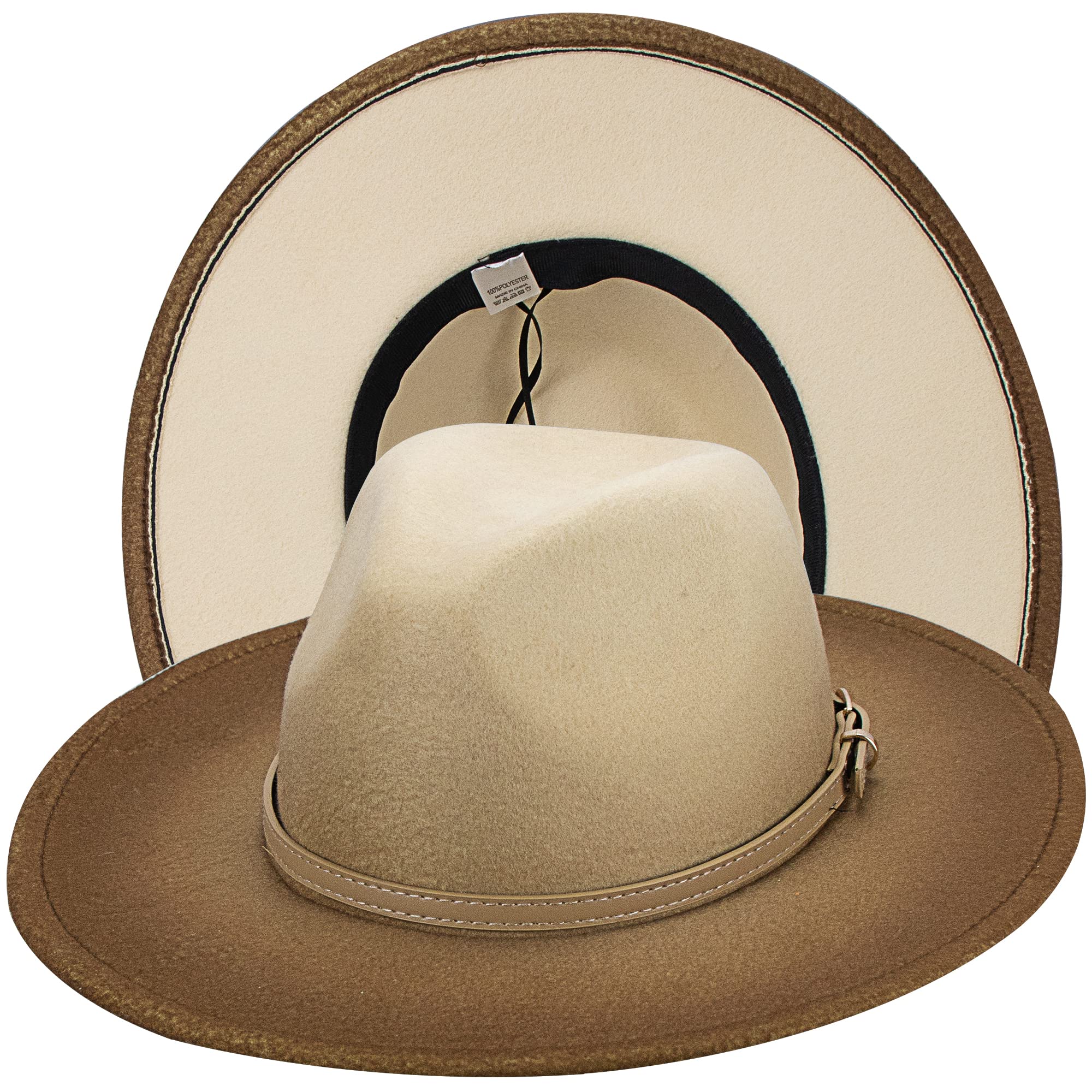 INOGIH Women Belt Buckle Fedora Hat Wide Brim Felt Hat Retro Gradient Panama Two Tone (Khaki, Medium)