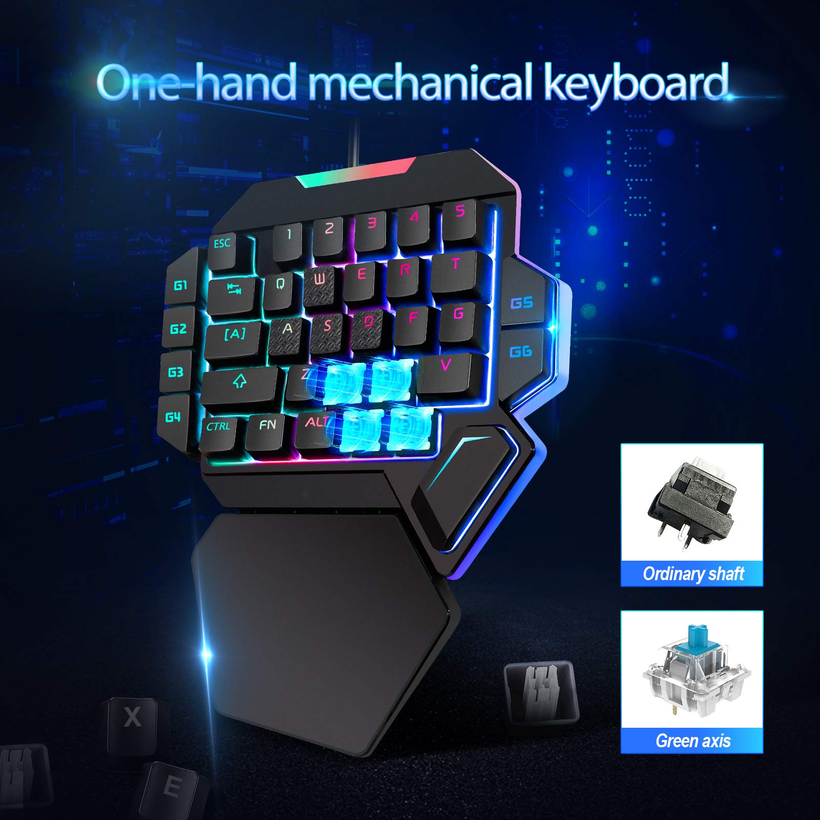 Ippinkan One Hand RGB Gaming Keyboard and Backlit Mouse Combo Gaming Mechanical Keyboard 35 Keys Rainbow Backlight Waterproof one Handed Keyboard for Laptop PC