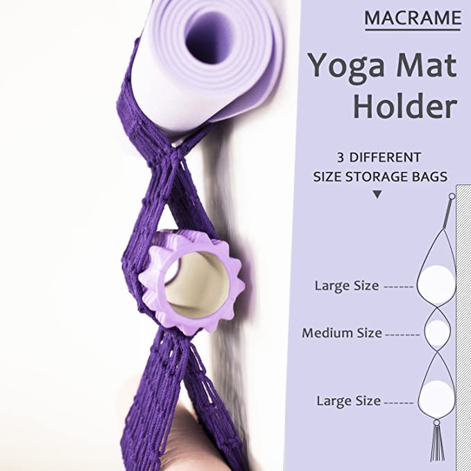 Macrame Yoga Mat Holder Wall Mount Yoga Mat Foam Roller Wall Hanging Rack for Yoga Mat Storage Organizer with 3 Sizes Easy Access Pocket Boho Gym Home Decor-Purple (Dark Purple)