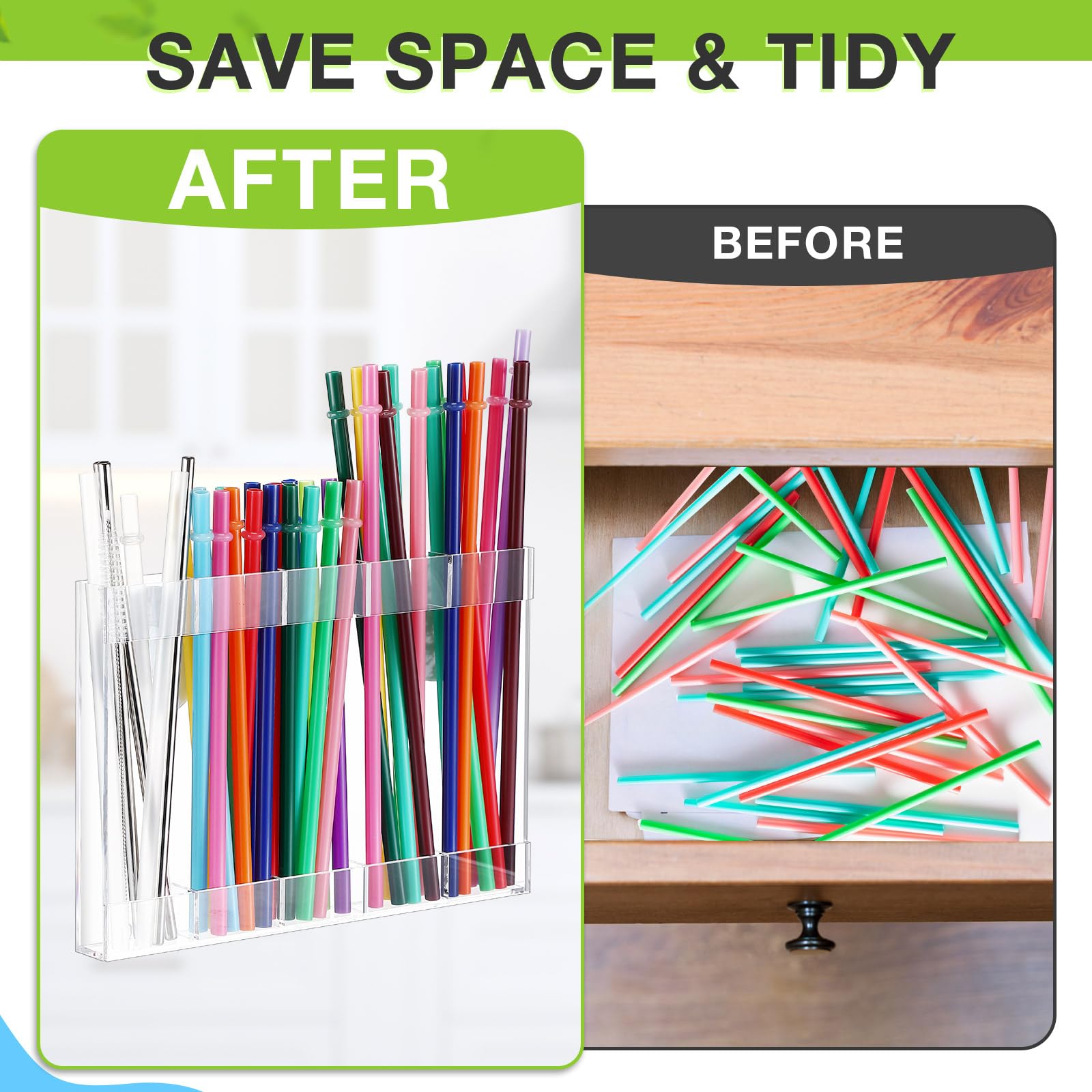 Qinyoung Acrylic Straw Holder with Double Sided Adhesive Tape Tumbler Straw Organizer for Cupboard Reusable Tumbler Straw Storage Container for Kitchen Counter (Transparent)