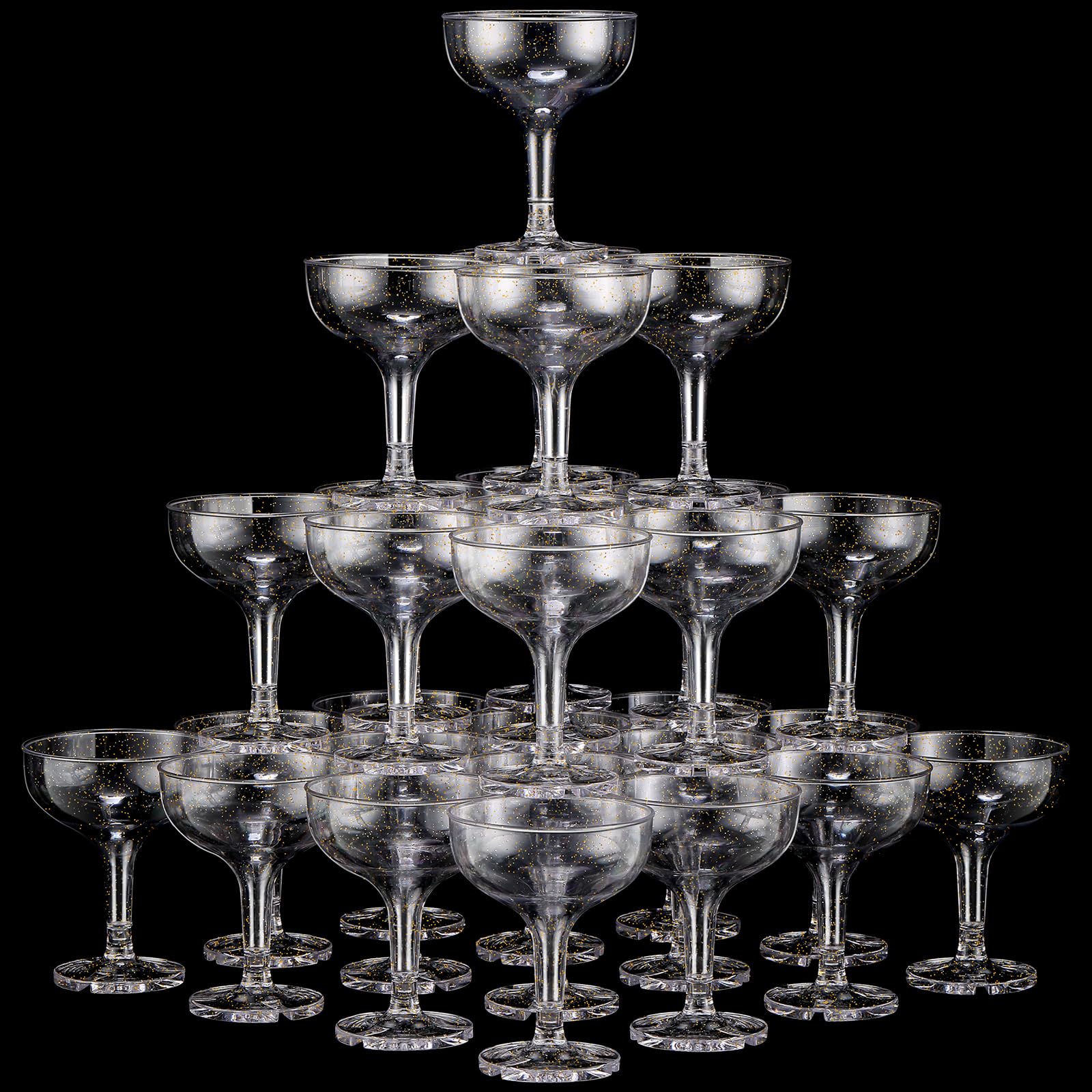 Zopeal 30 Pcs Champagne Coupe Glasses 5 oz Plastic Champagne Tower Disposable Martini Glasses Stackable Stemmed Champagne Coupe for Wedding Birthday Party Bar(Gold Glitter)