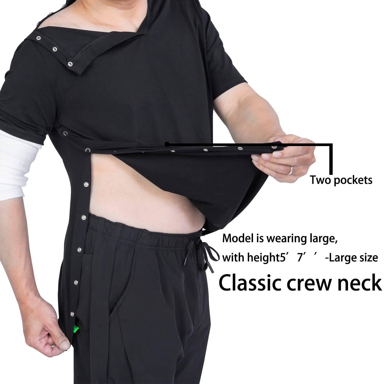 Jacobable 2 pockets Uni-Sex Post Shoulder Surgery Shirt & Rehab Shirt with Stick On Fasteners, convenient and quick (XX-Large, Black)