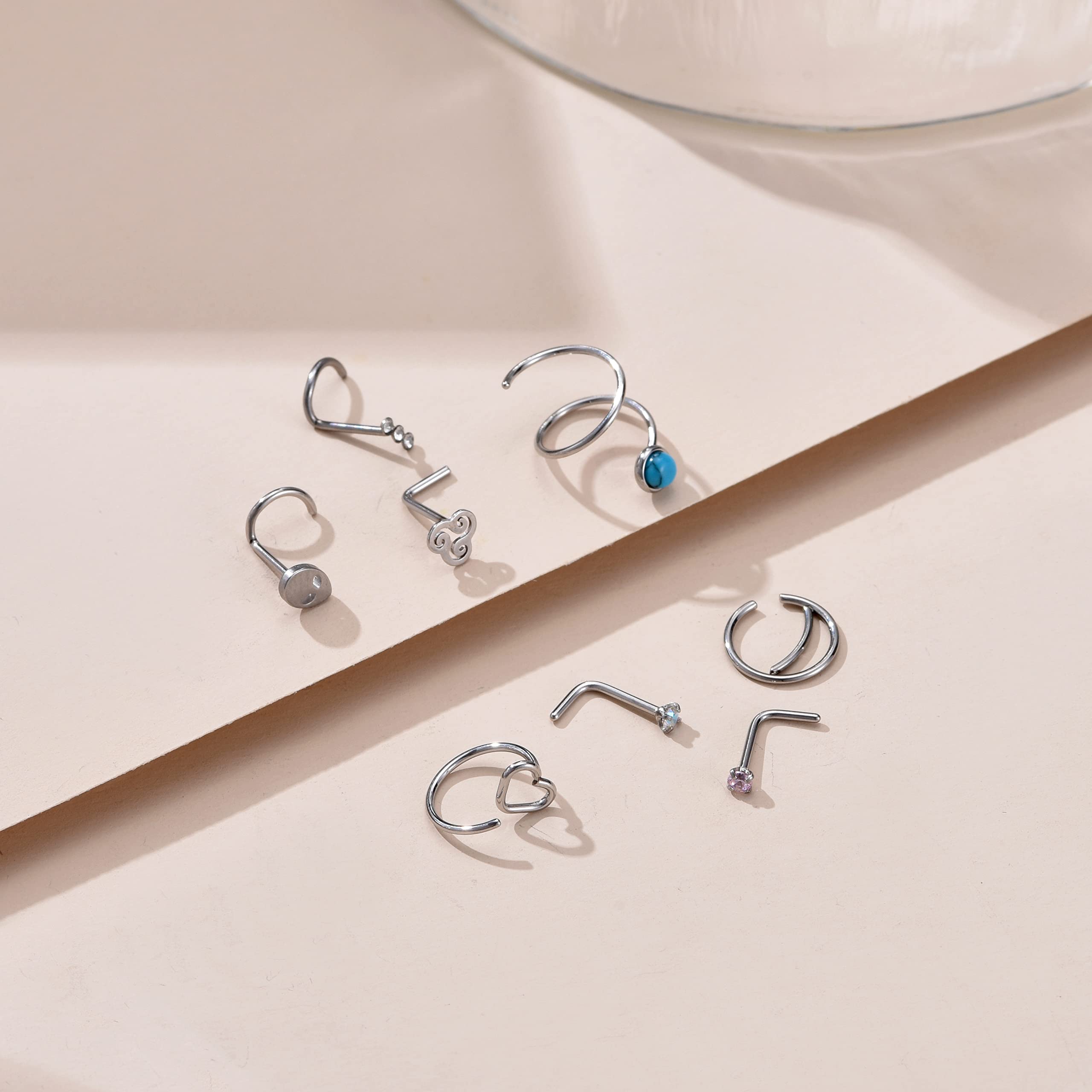 MJust 20G Nose Rings Stainless Steel Nose Rings Hoops Nose Studs Bone L Shaped Screw Nose Rings Studs Nose Nostril Piercing Jewelry Silver