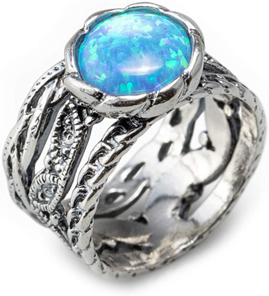 Joolala 1.60 Carat Created Round Blue Opal Cabuchon Cut 925 Sterling Silver Ring - Valentine Band for Her, Size - 8