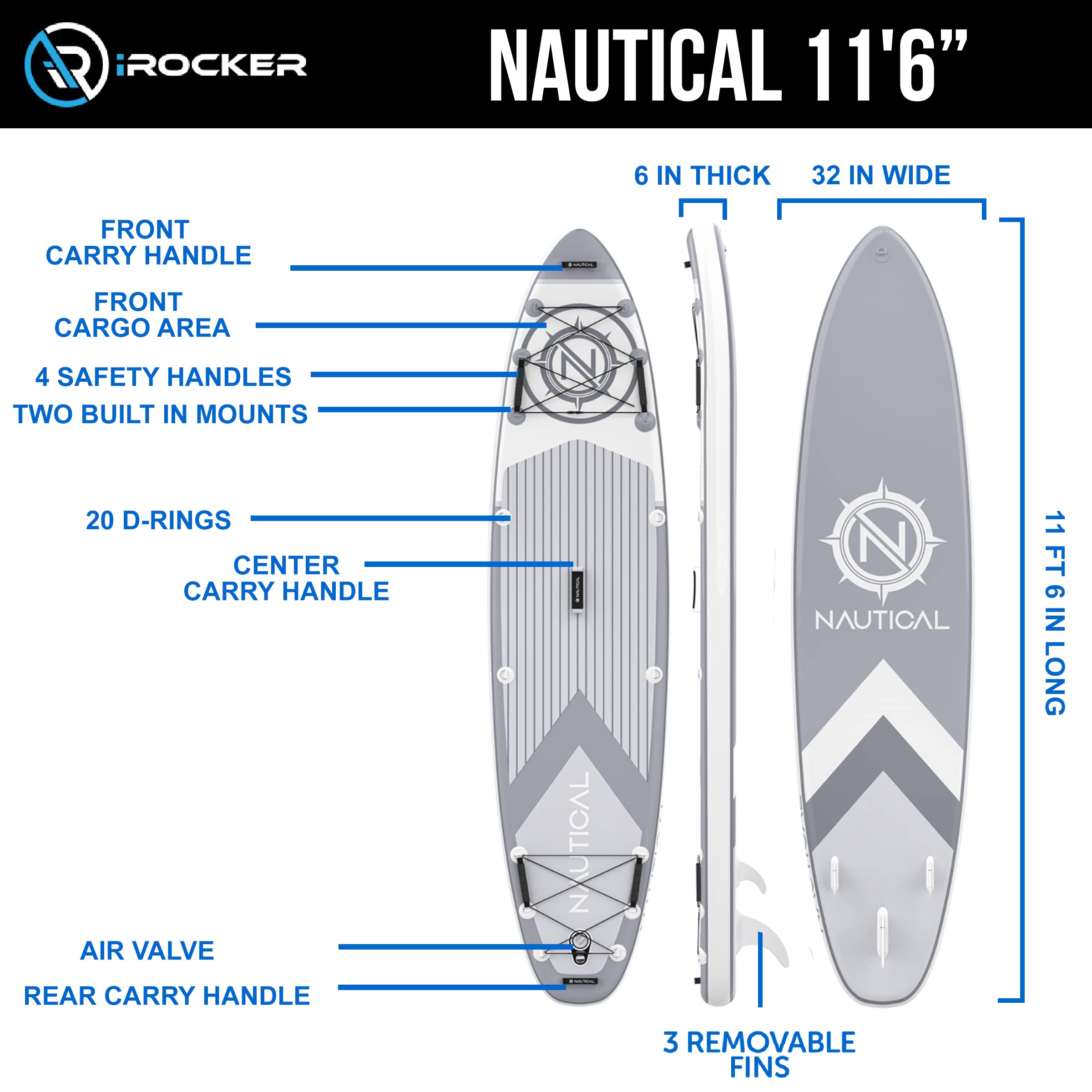 iROCKER Nautical Inflatable Stand Up Paddle Board, Superb Maneuverability 11' Long 32" Wide 6" SUP with Premium Bag, Adjustable Paddle, Pump, Leash, Fins & Repair Kit, Teal