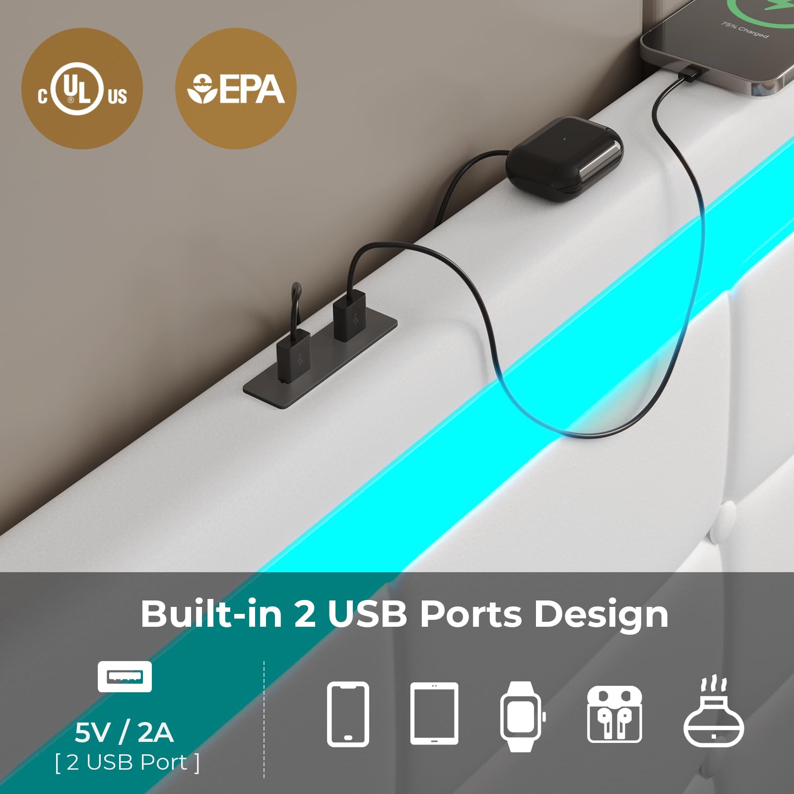 HAUOMS King Bed Frame with LED Lights Leather Platform Bed with Storage Drawers and Charging Station, LED Bed Frame King Size with Adjustable Headboard, No Box Spring Needed, White