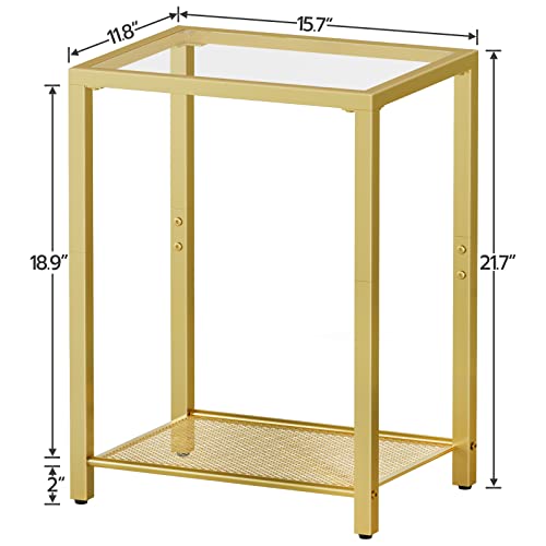 HOOBRO Set of 2 Side Tables, 2-Tier End Table, Nightstands for Tight Spaces, Tempered Glass Bedside Tables, Modern Metal Frame, for Office, Bedroom, Living Room, Study, Gold GD76BZP201