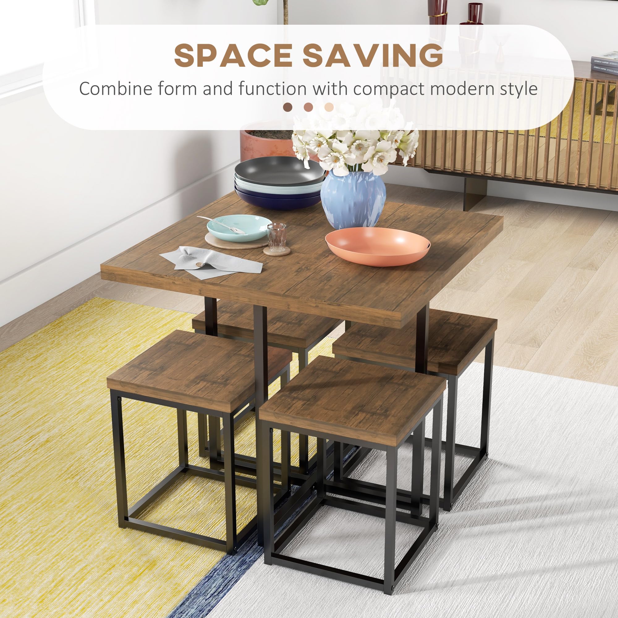 HOMCOM 5 Piece Dining Table Set, Square Kitchen Table Set with Stools for Small Space, Breakfast Nook, Natural Wood Color