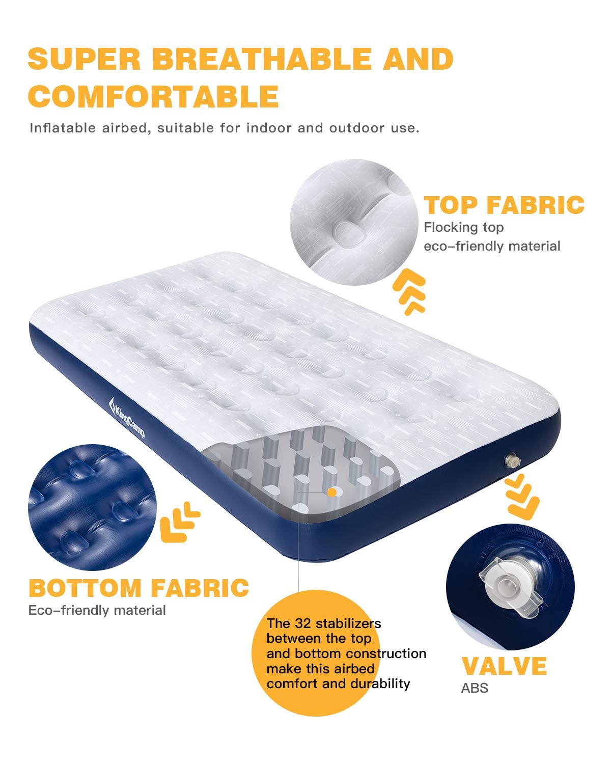 KingCamp Sleeping Pad Premium Luxury Classic Comfort Airbed Coil-Beam Technology Mattress with Built-in Foam Pump and Stuff Bag for Outdoor and Indoor, Twin Size, Navy