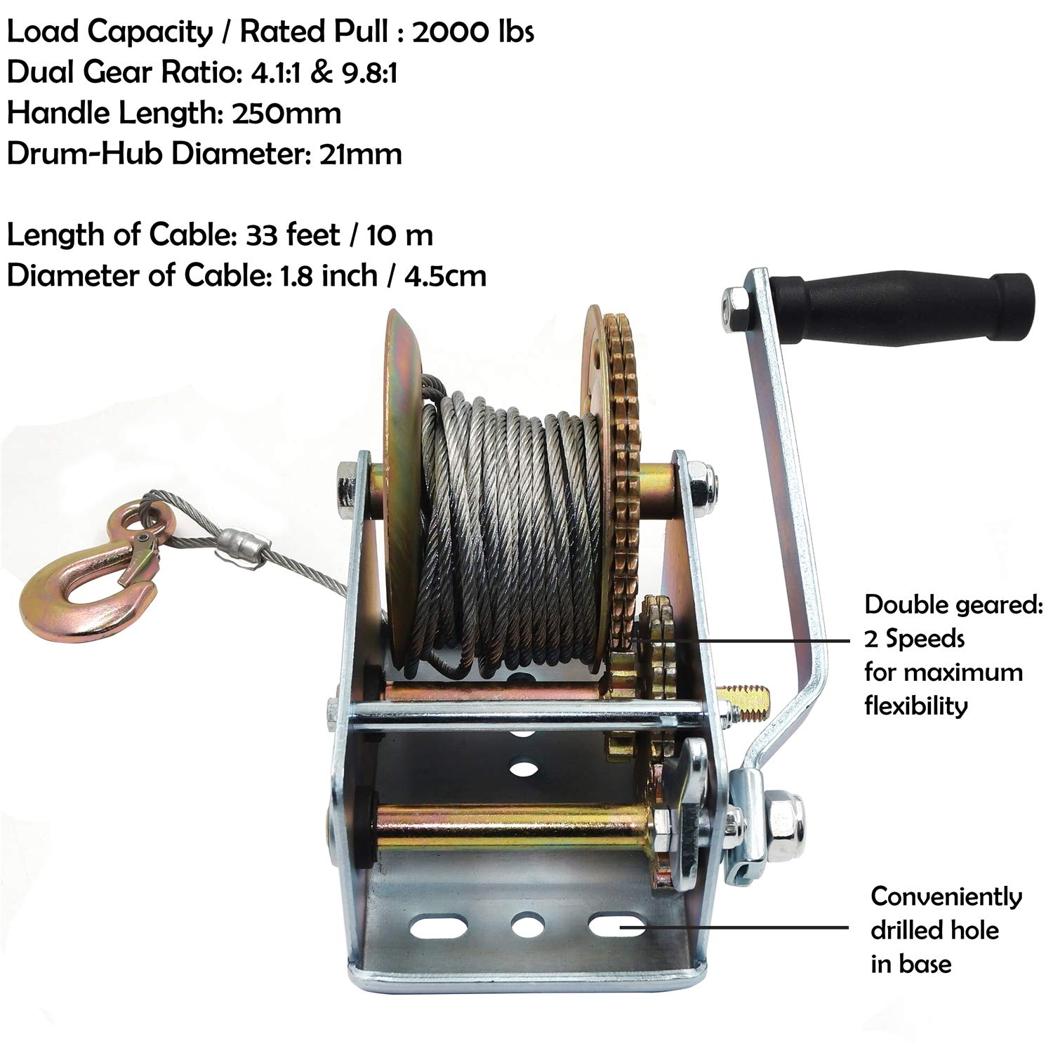 HTTMT- 2000Lbs Dual Gear Hand Winch Towing Boat Trailer w/ 33FT Steel Cable Hand Crank [P/N:ET-TOOL003-BY20 w/Cable-RAW]